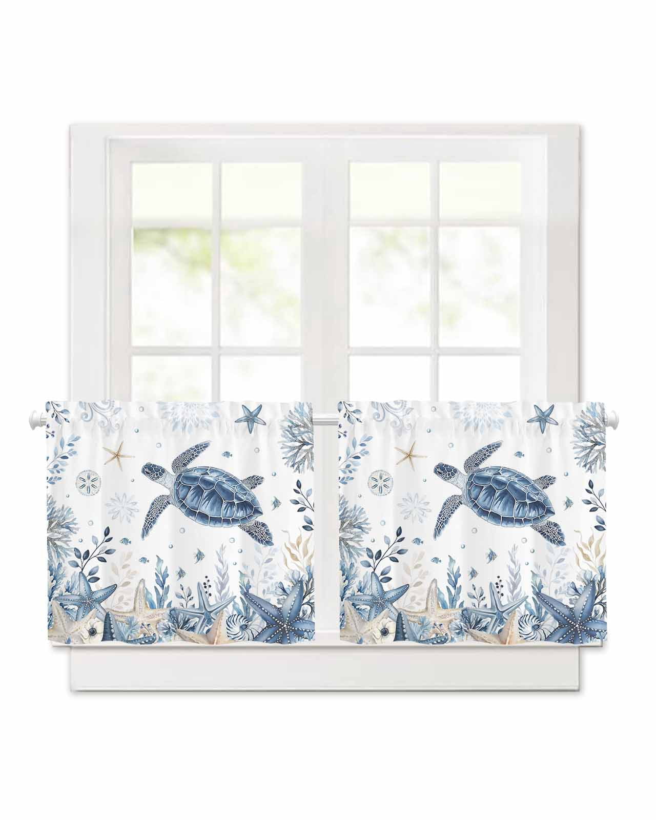 Blue Sea Turtle Starfish Coral Shells Short Blackout Curtains 30 Inch ...