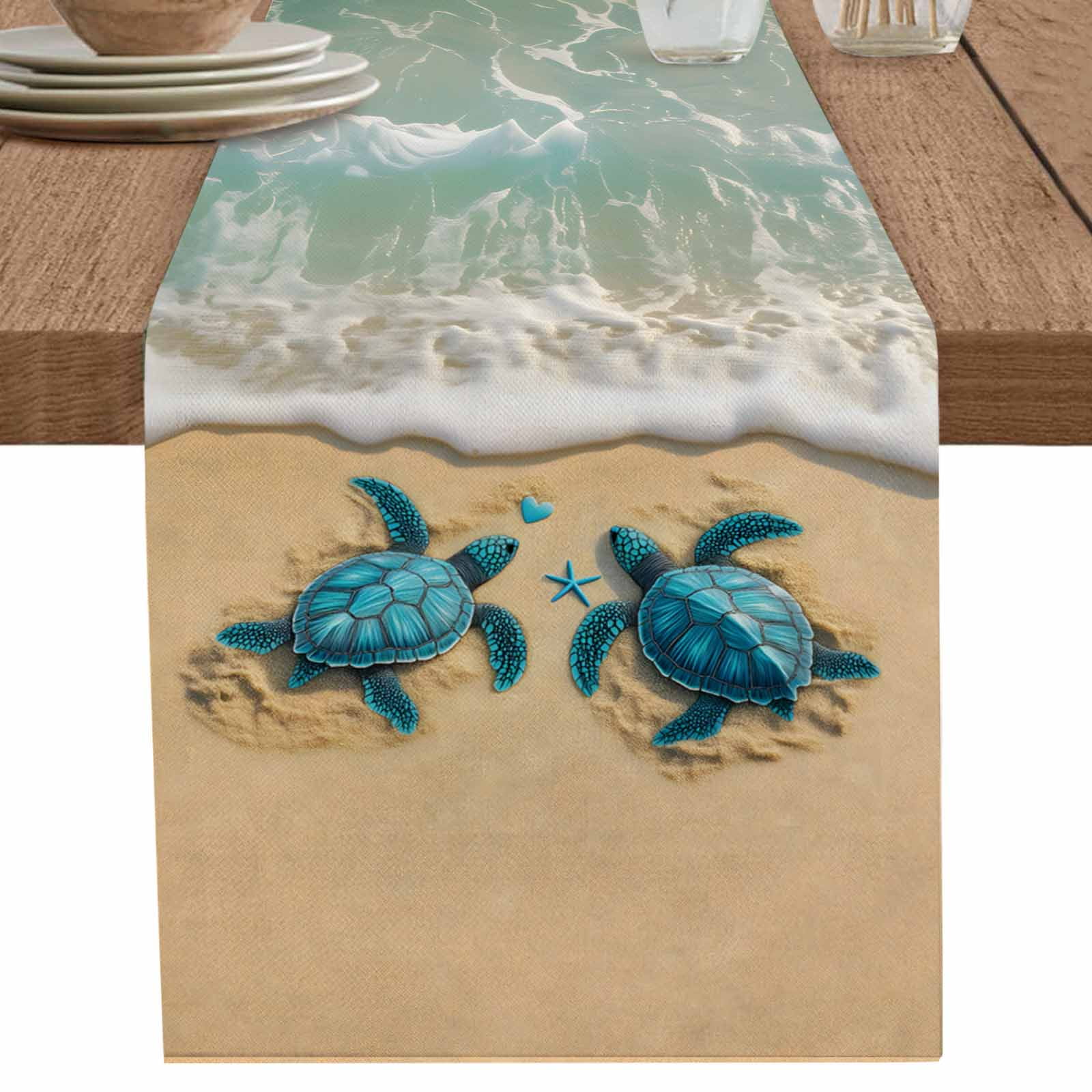 Blue Sea Turtle Summer Beach Table Runner-36 Inch Long Teal Green Ocean ...