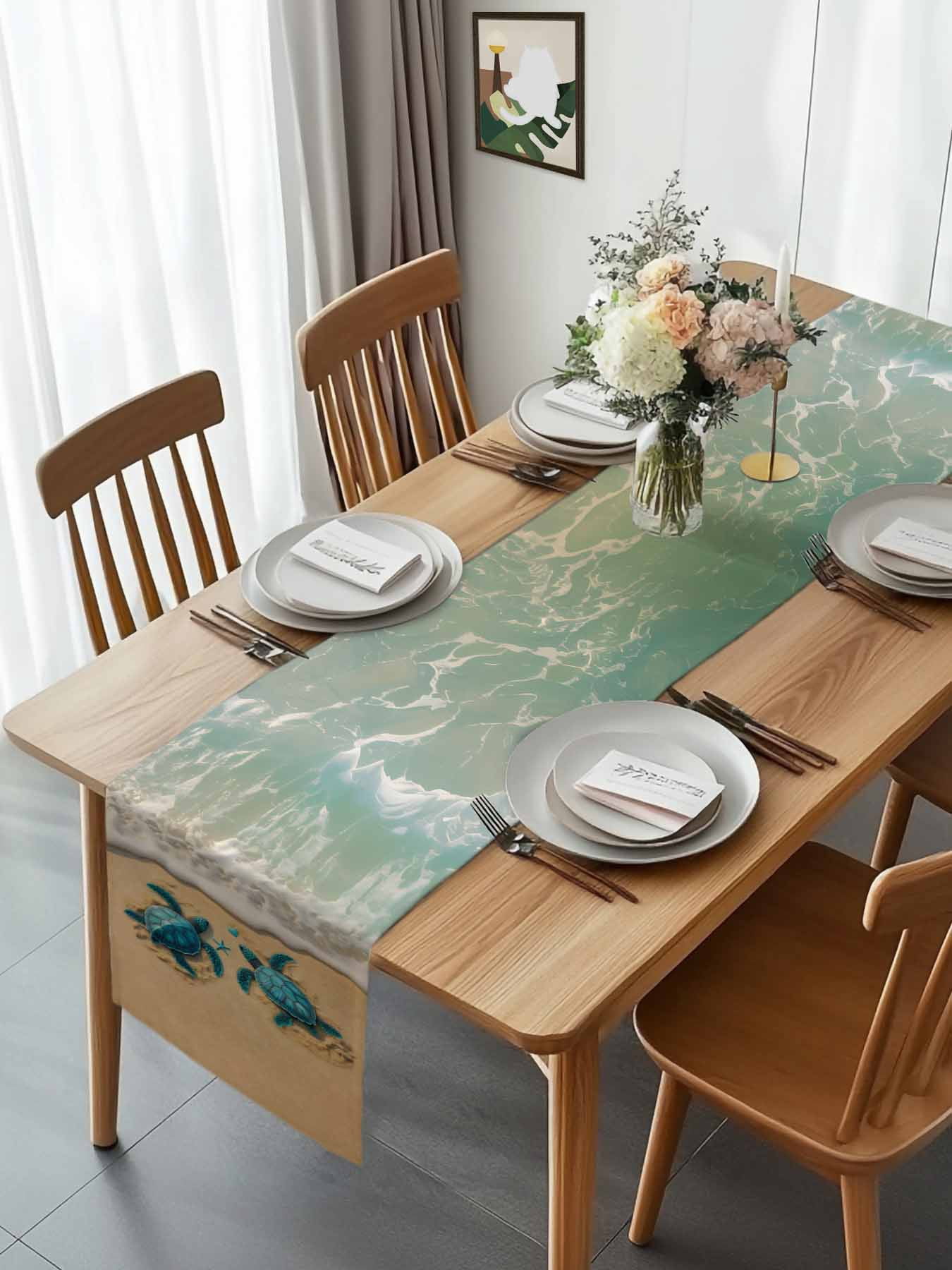 Blue Sea Turtle Summer Beach Table Runner 90 Inches Long,Kitchen Dining ...