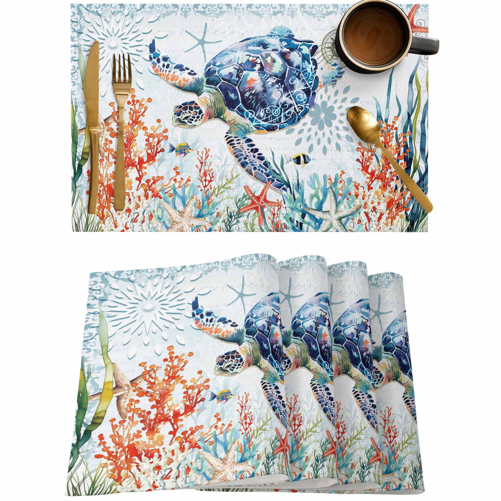 Blue Sea Turtle Summer Ocean Coral Placemats Set of 4,Wipeable Washable ...
