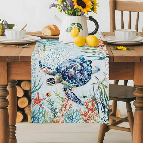 Blue Sea Turtle Summer Ocean Coral Table Runners 13x36 Inches Long ...
