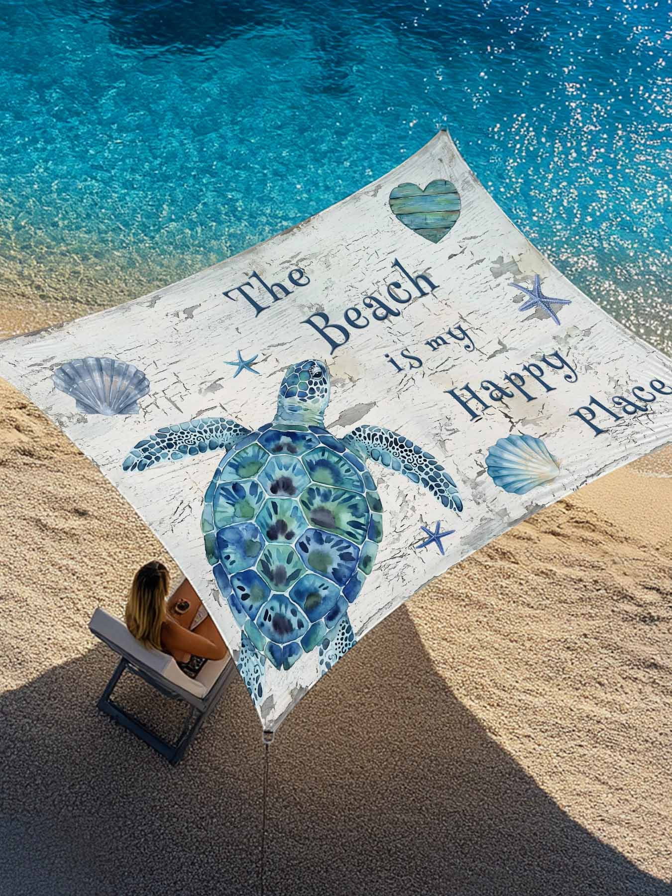 Blue Sea Turtle Sun Shade Sail 12' x 16', Beach Happy Place Seashell ...