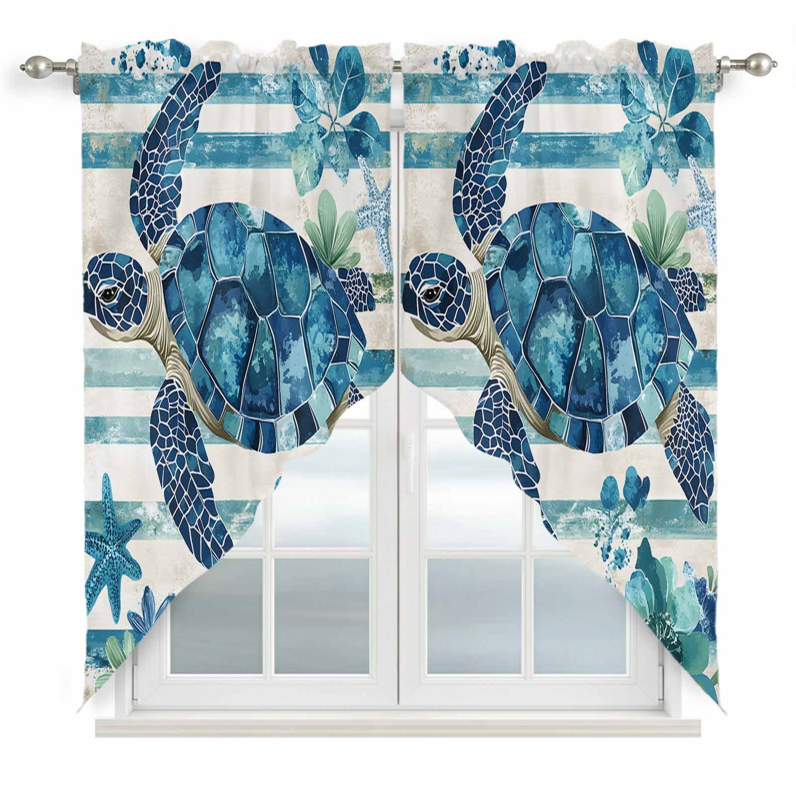 Blue Sea Turtle Swag Curtain Valance for Window 2 Panels Blue Floral ...
