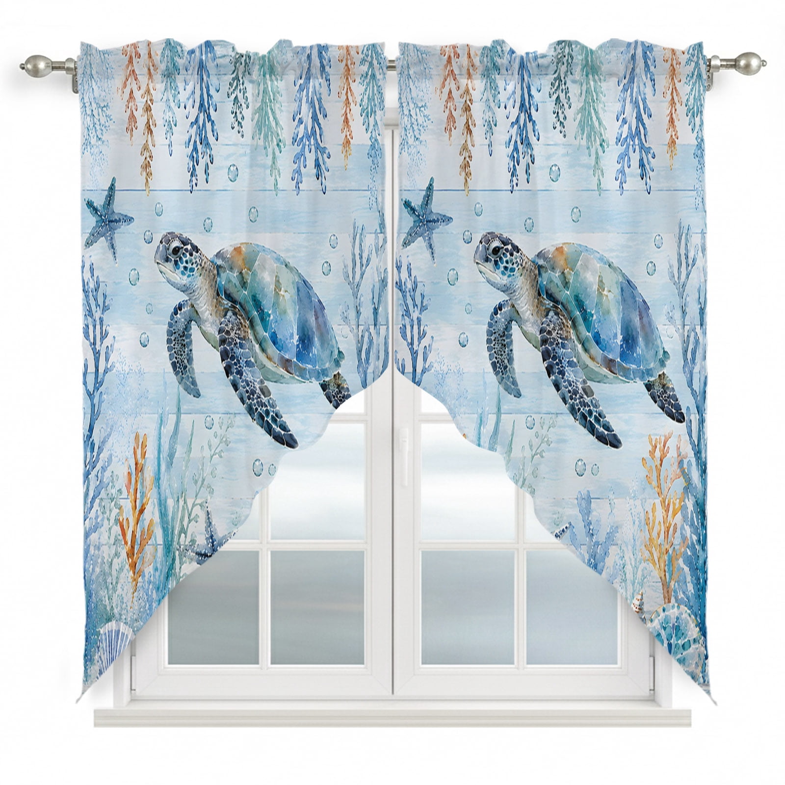 Blue Sea Turtle Swag Curtain Valance for Window 2 Panels Nautical ...