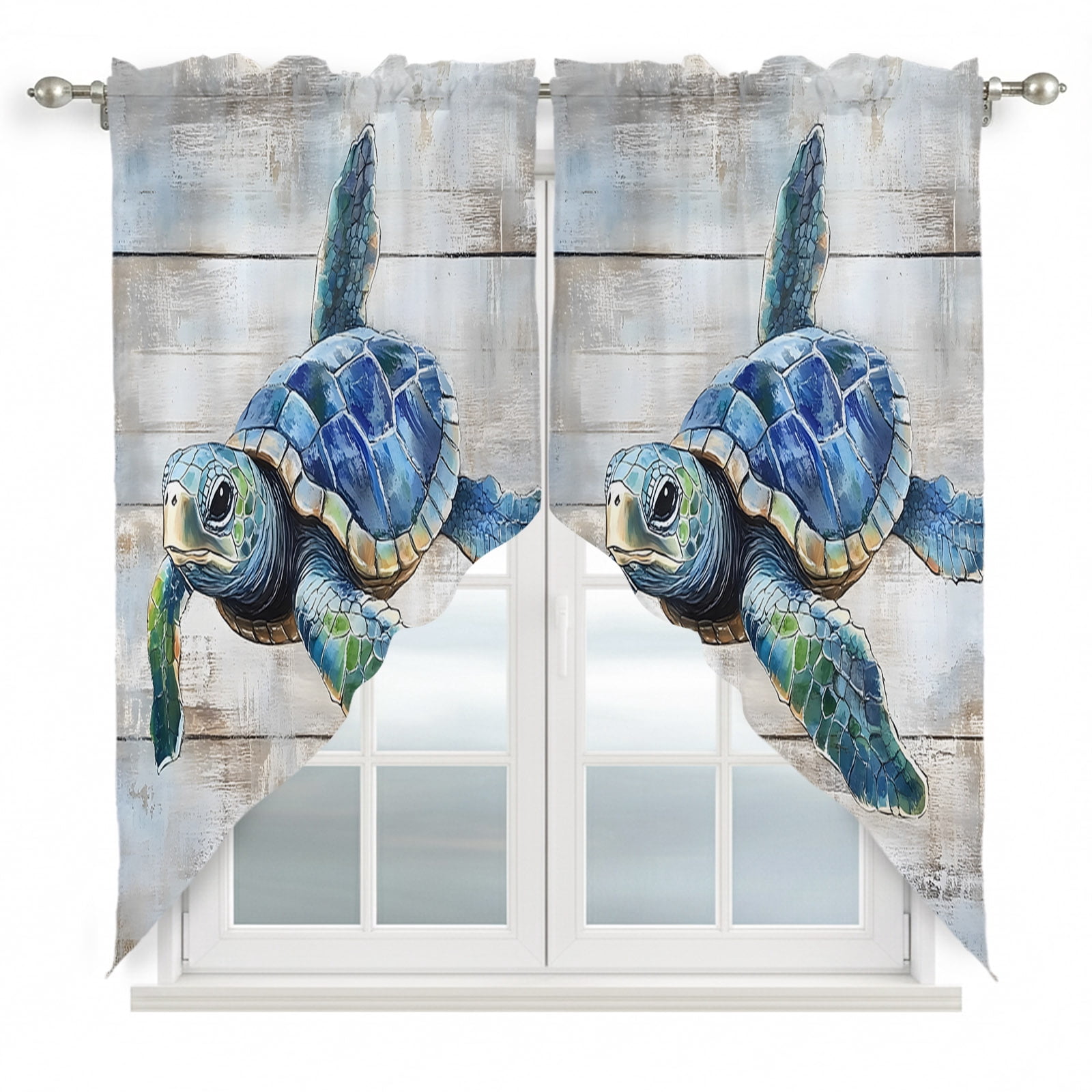 Blue Sea Turtle Swag Curtain Valance for Window 2 Panels Vintage Wood ...