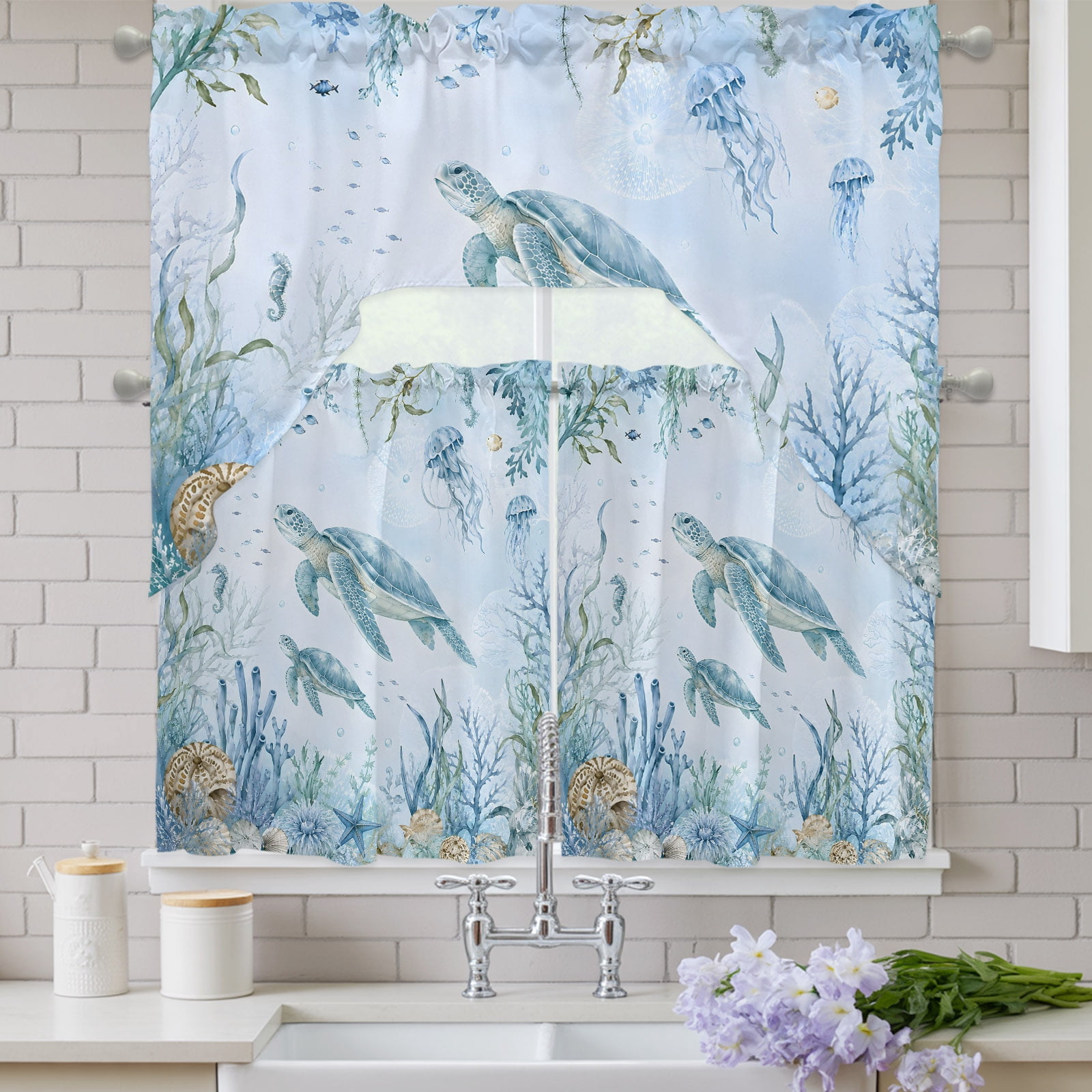 Blue Sea Turtle Swag Valance and Tier Set of 3, Summer Beach Nautical ...