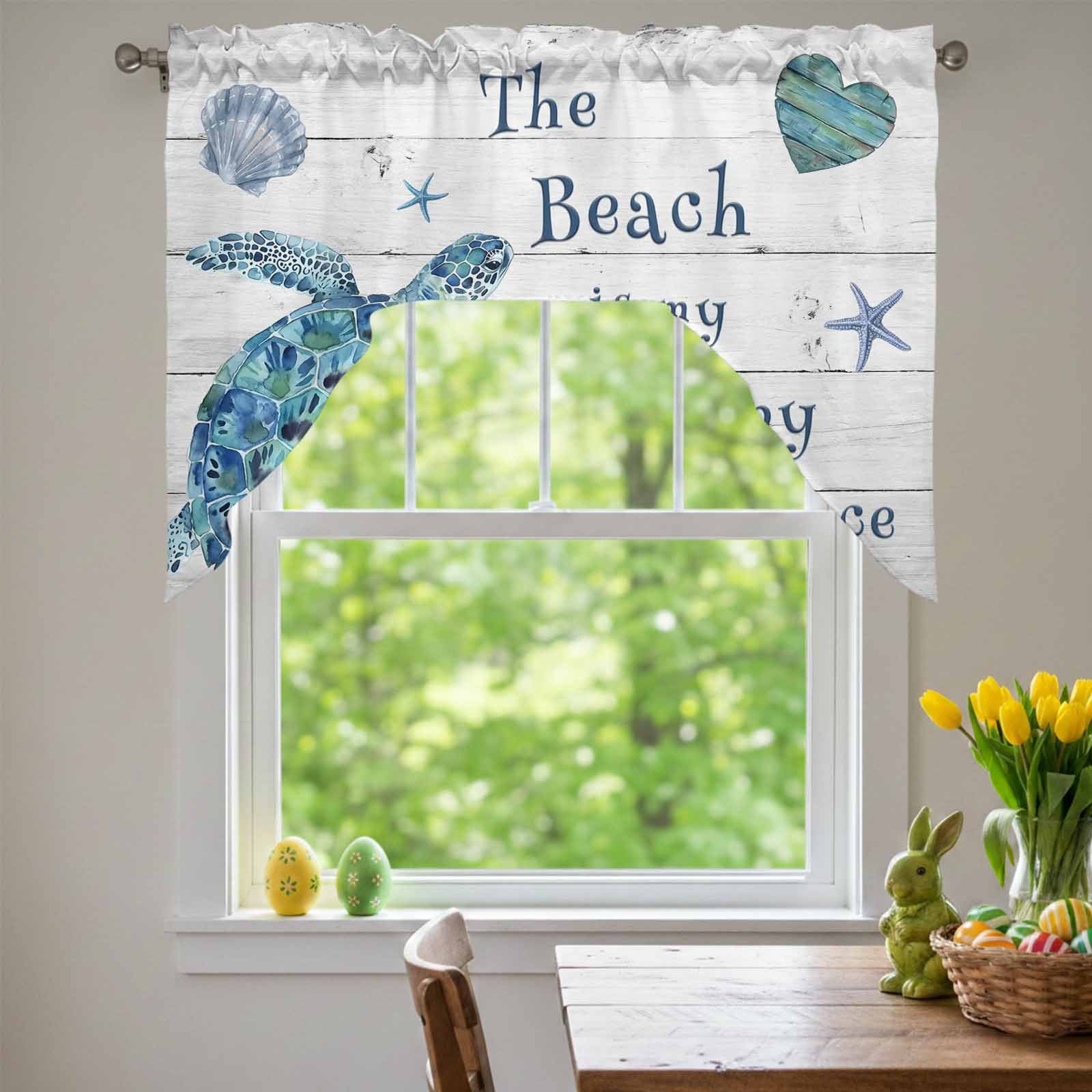 Blue Sea Turtle Swag Valances for Kitchen Window, Beach Happy Place ...