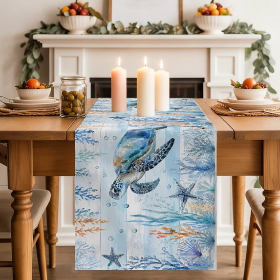 Blue Sea Turtle Table Runner 13x48 Inch Nautical Coastal Starfish Shell ...