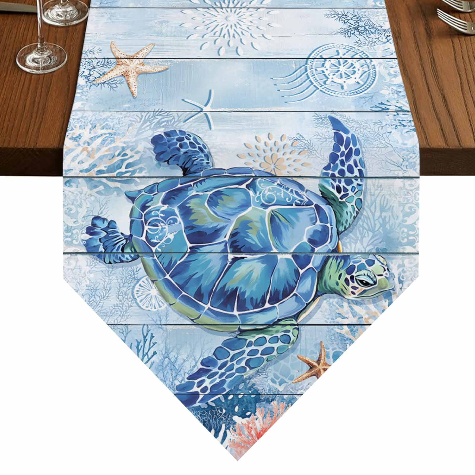 Blue Sea Turtle Table Runner for Dining Room, Ocean Coral Starfish ...
