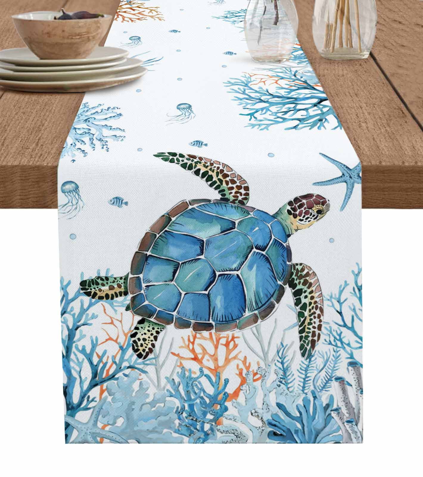 Blue Sea Turtle Table Runner Summer Ocean Coastal Coral Jellyfish ...