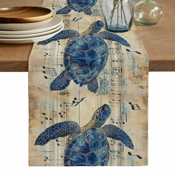 Blue Sea Turtle Table Runner, Vintage Coastal Sheet Music Washable ...