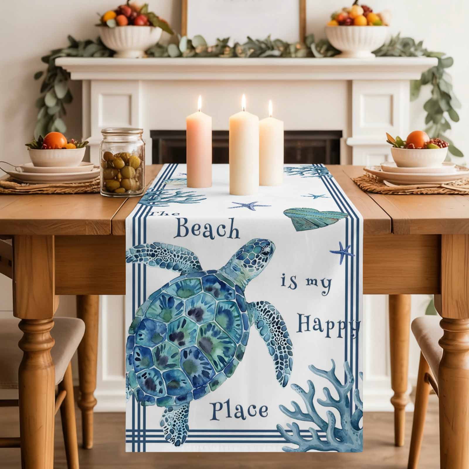 Blue Sea Turtle Table Runner, Watercolor Beach Happy Place Seashell ...