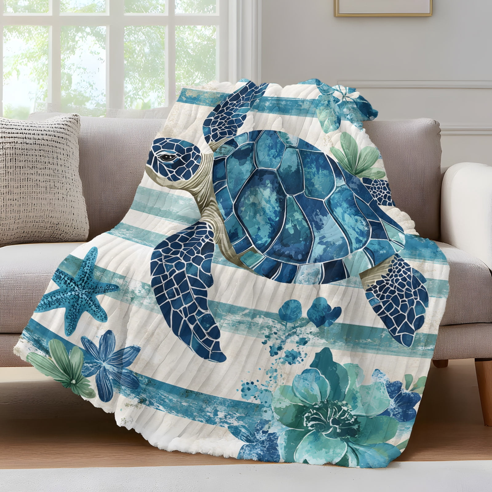 Blue Sea Turtle Throw Blanket for Couch Blue Floral Starfish Retro ...