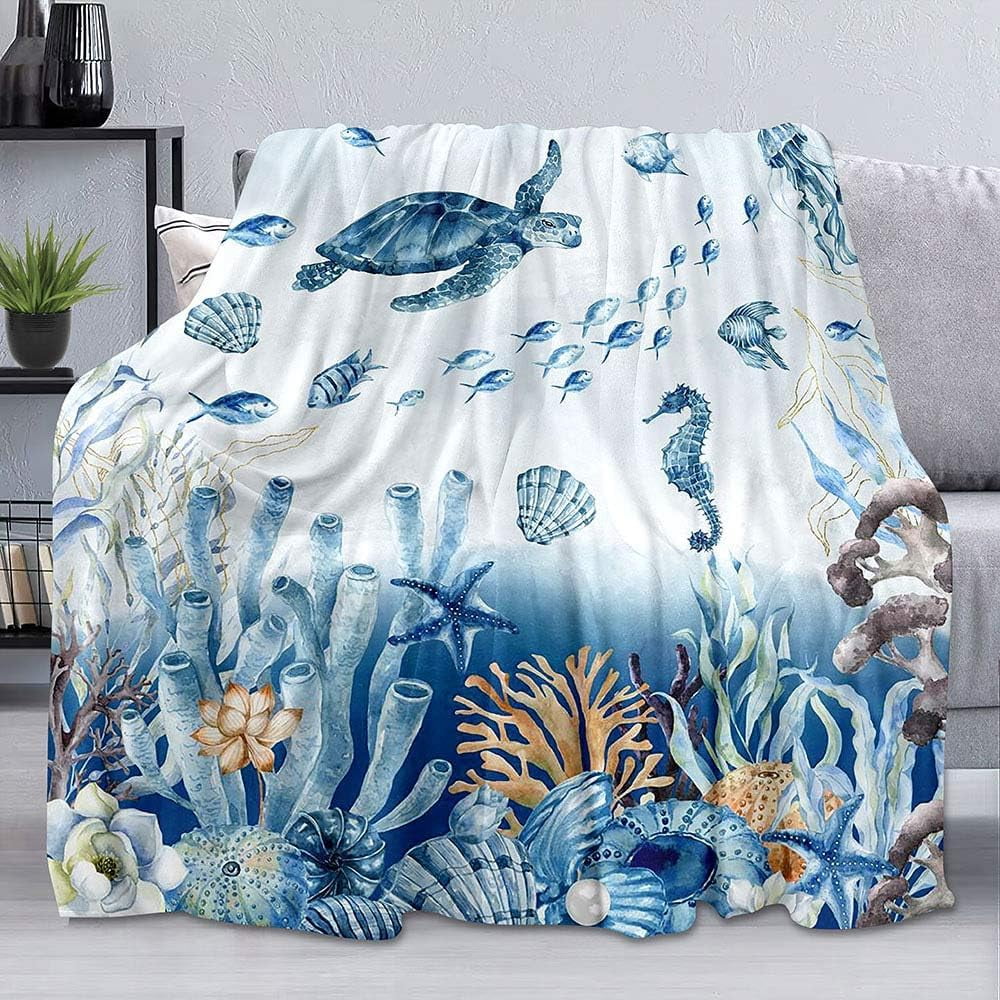 Blue Sea Turtle Throw Blanket, Seahorse Starfish Jellyfish Tropical ...