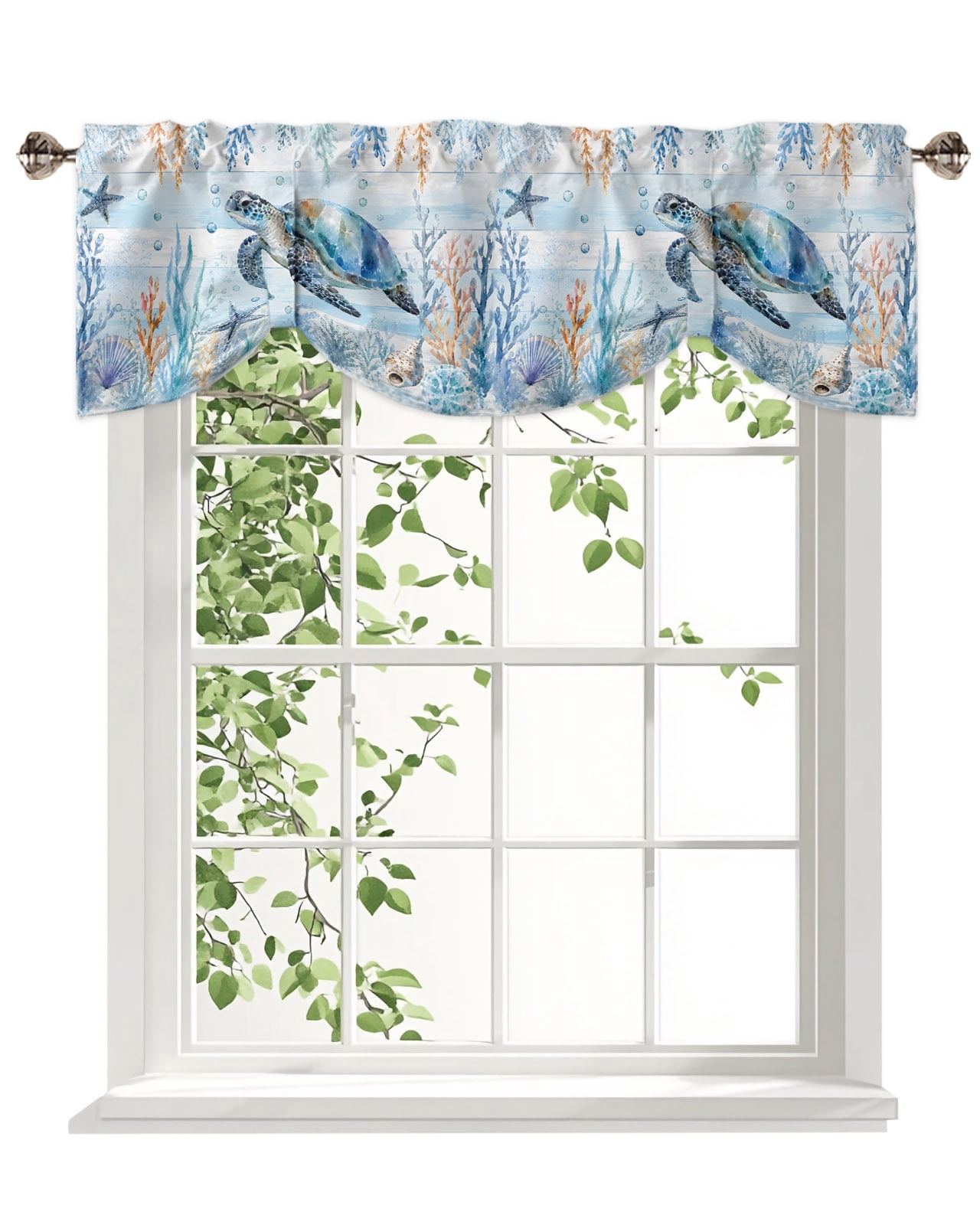 Blue Sea Turtle Tie Up Valances Curtain, Nautical Coastal Starfish ...