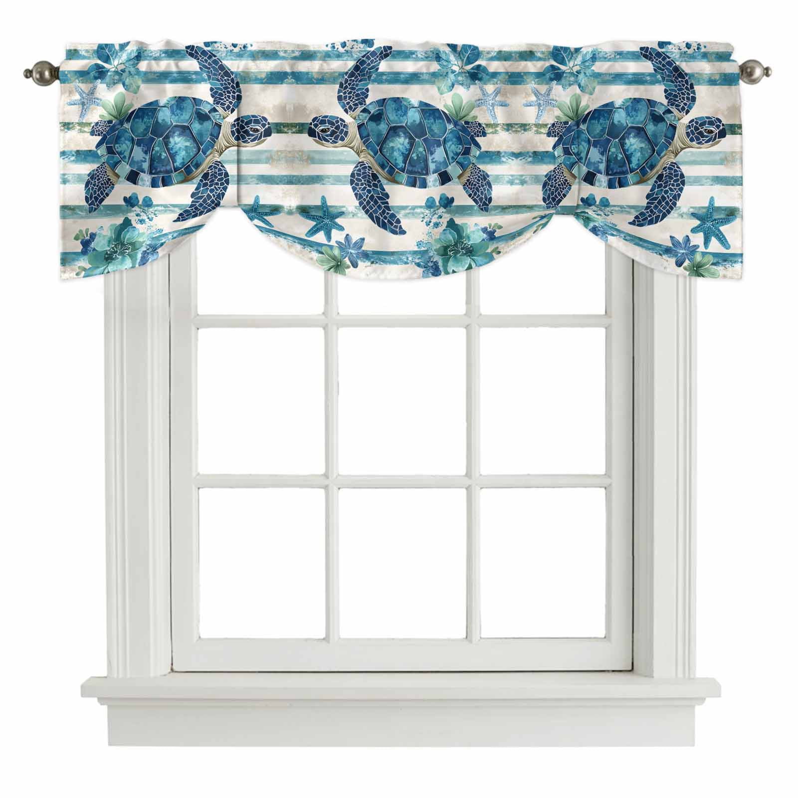 Blue Sea Turtle Tie Up Window Valance Blue Floral Starfish Retro ...