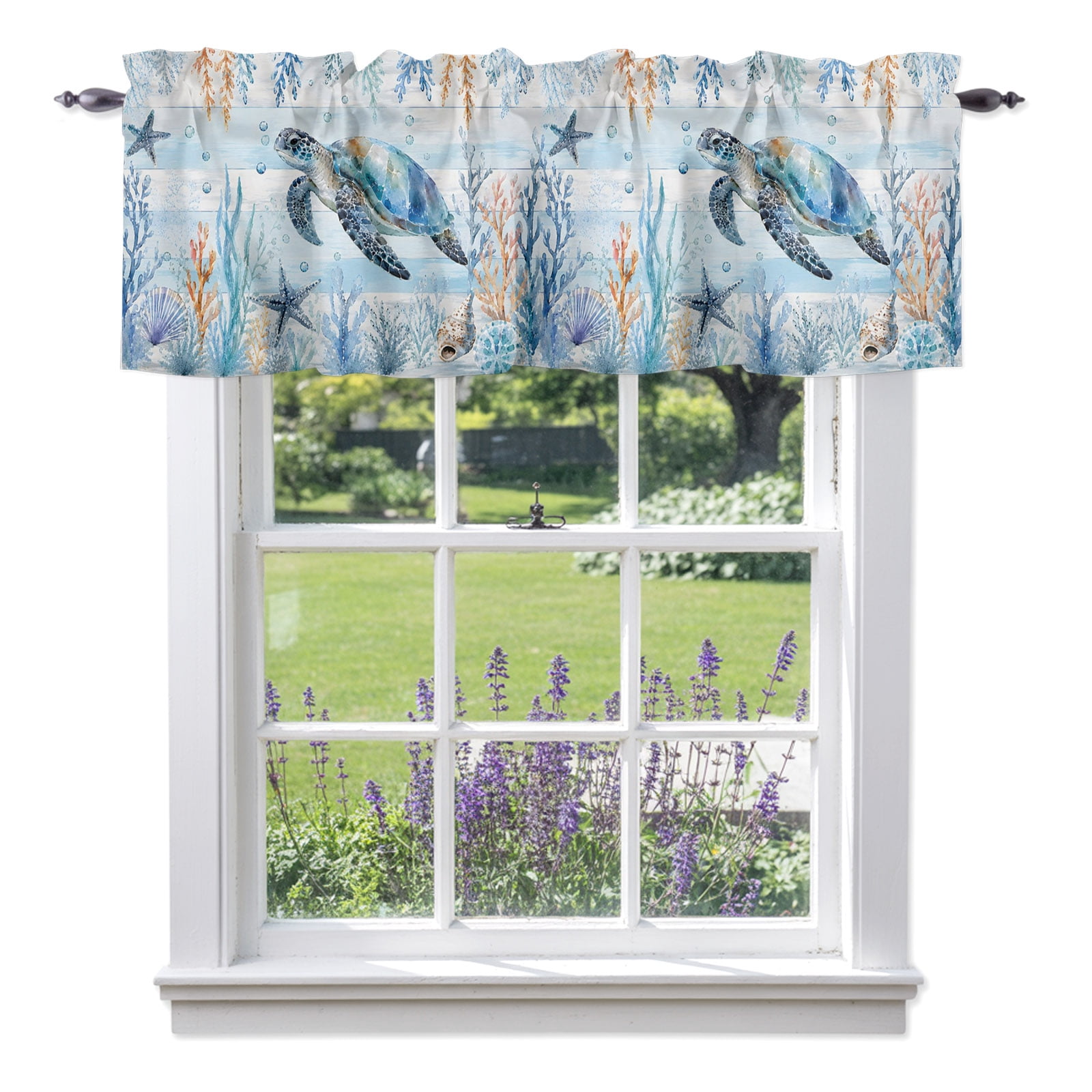 Blue Sea Turtle Valance Curtain 1 Panel, Nautical Coastal Starfish ...