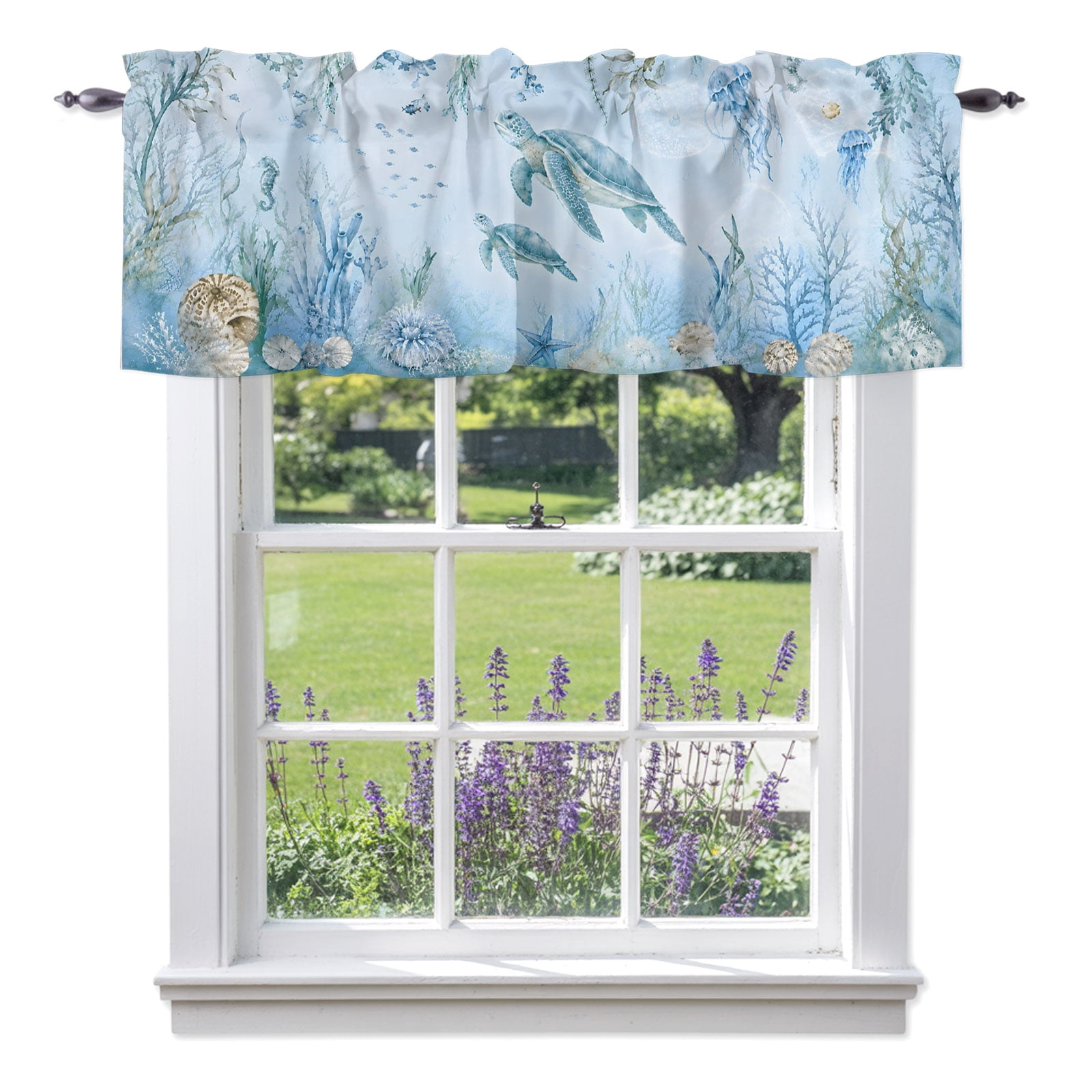 Blue Sea Turtle Valance Curtain 1 Panel, Summer Beach Nautical Starfish ...