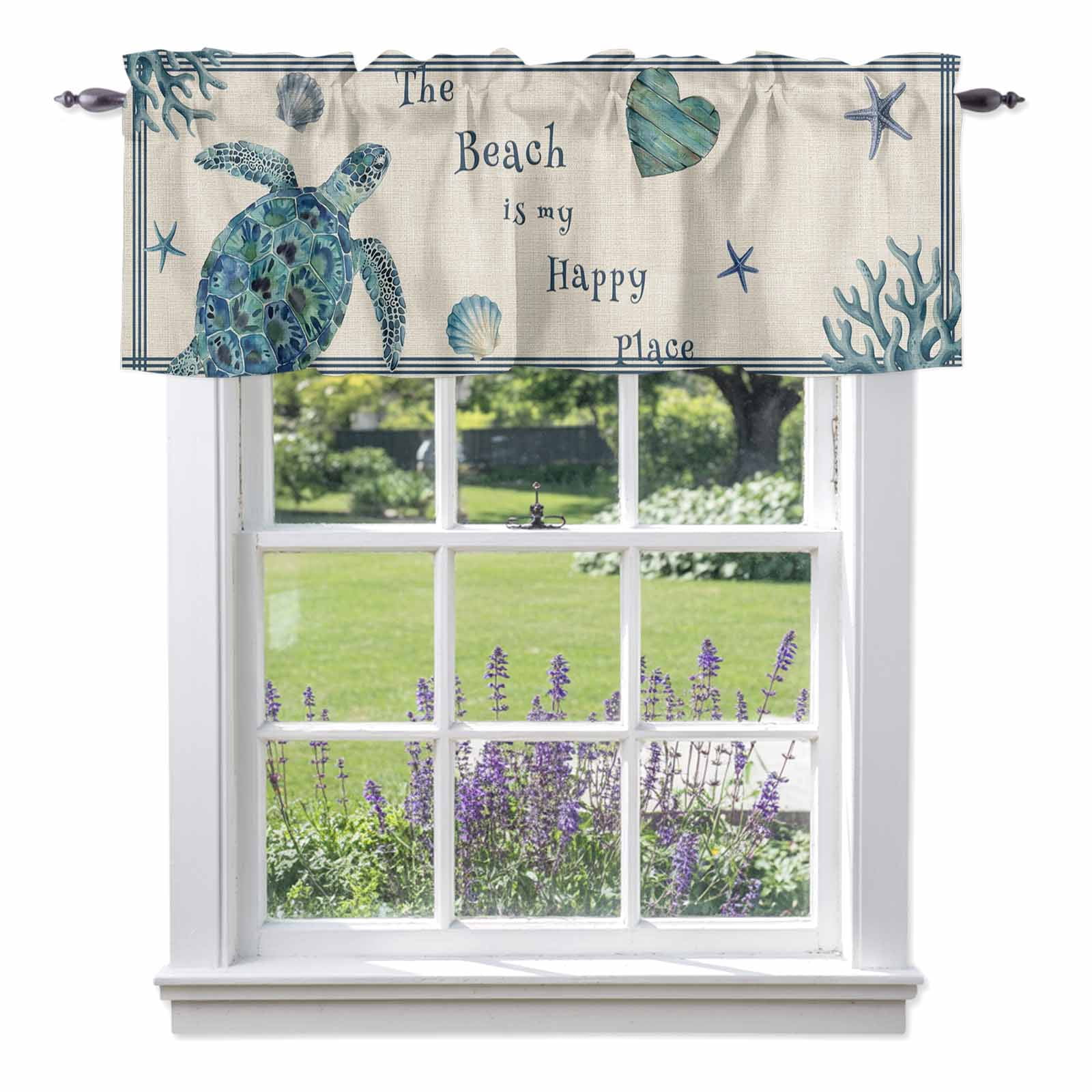 Blue Sea Turtle Valances for Windows, Beach Happy Place Seashell ...