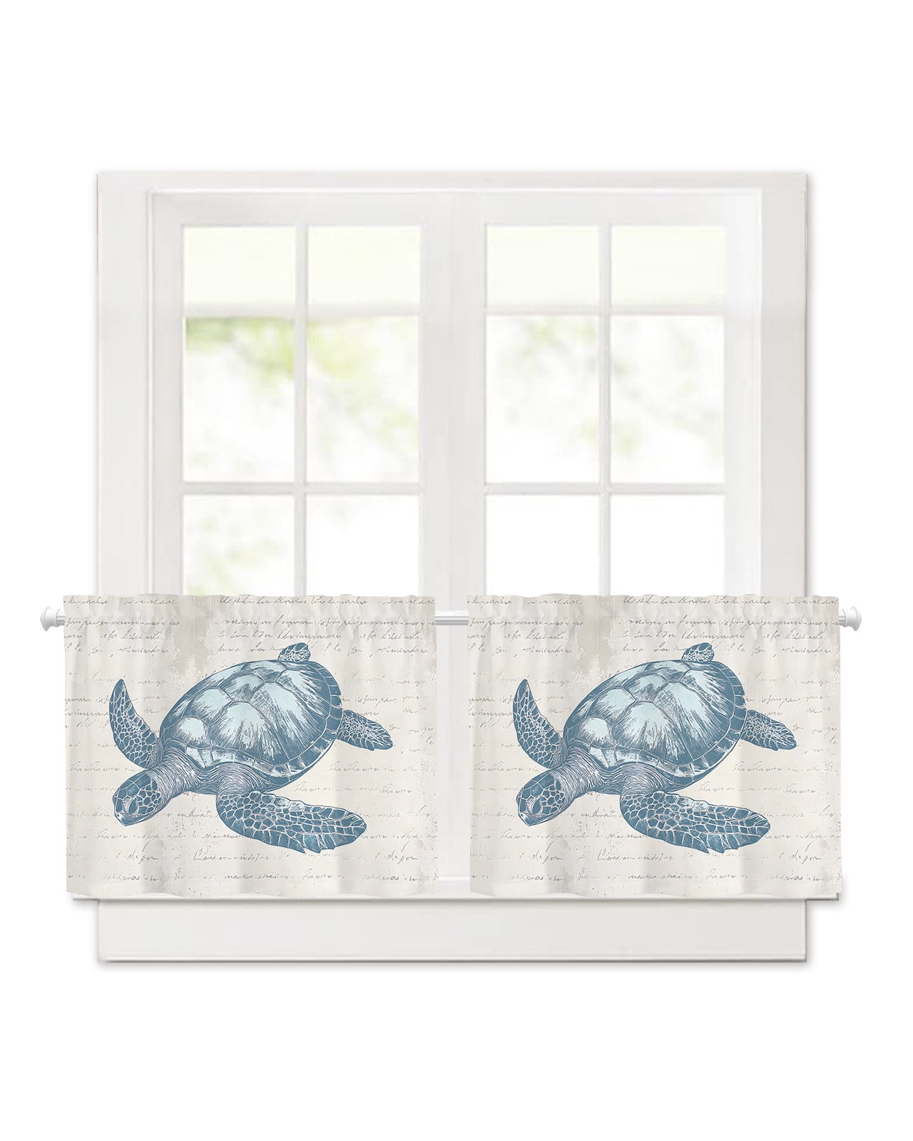 Blue Sea Turtle on Vintage Letter Short Blackout Curtains 24 Inch Long ...