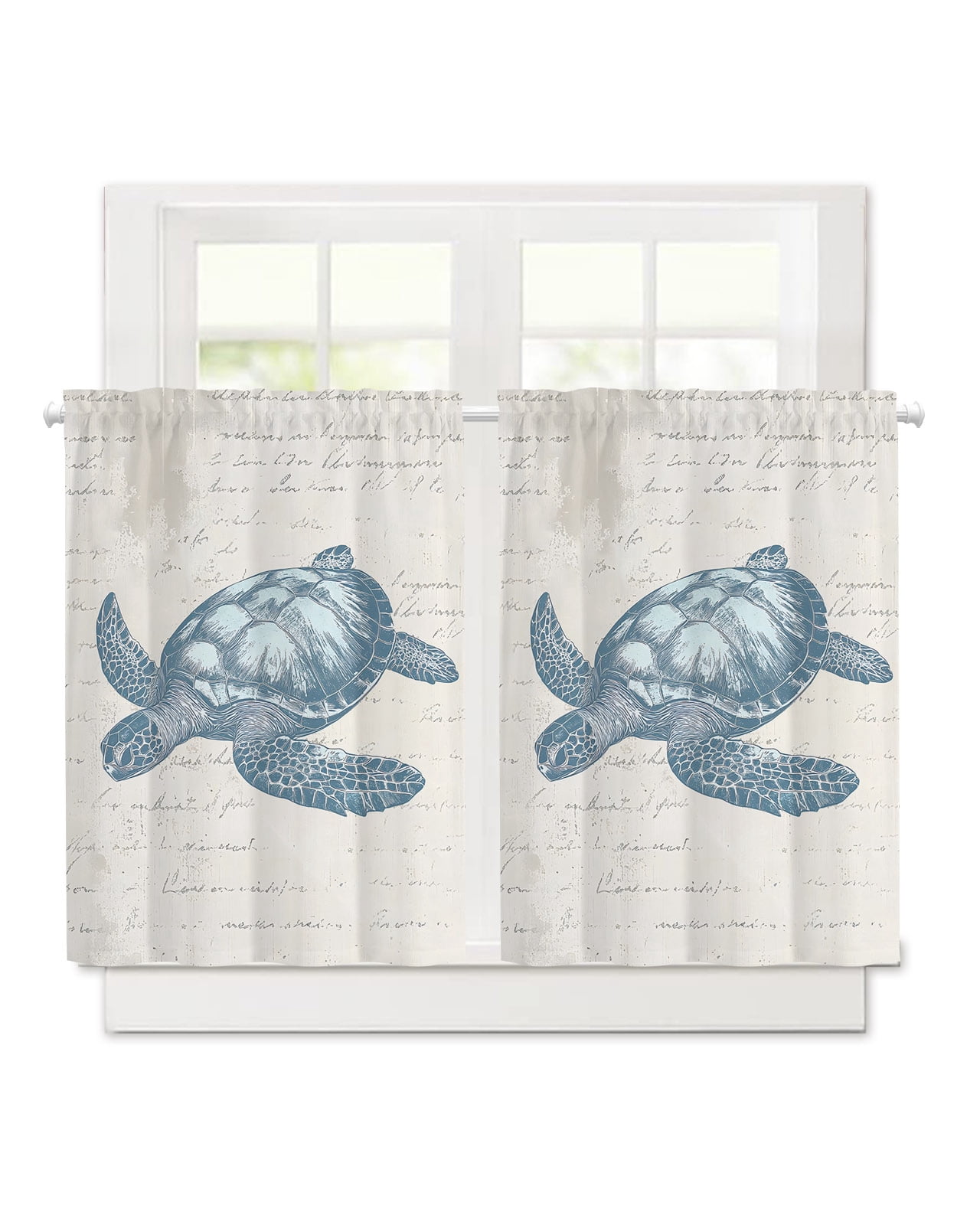 Blue Sea Turtle on Vintage Letter Short Blackout Curtains 36 Inch Long ...