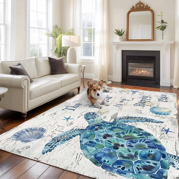 Blue Sea Turtle Washable Area Rug 8x10 Beach Happy Place Seashell ...