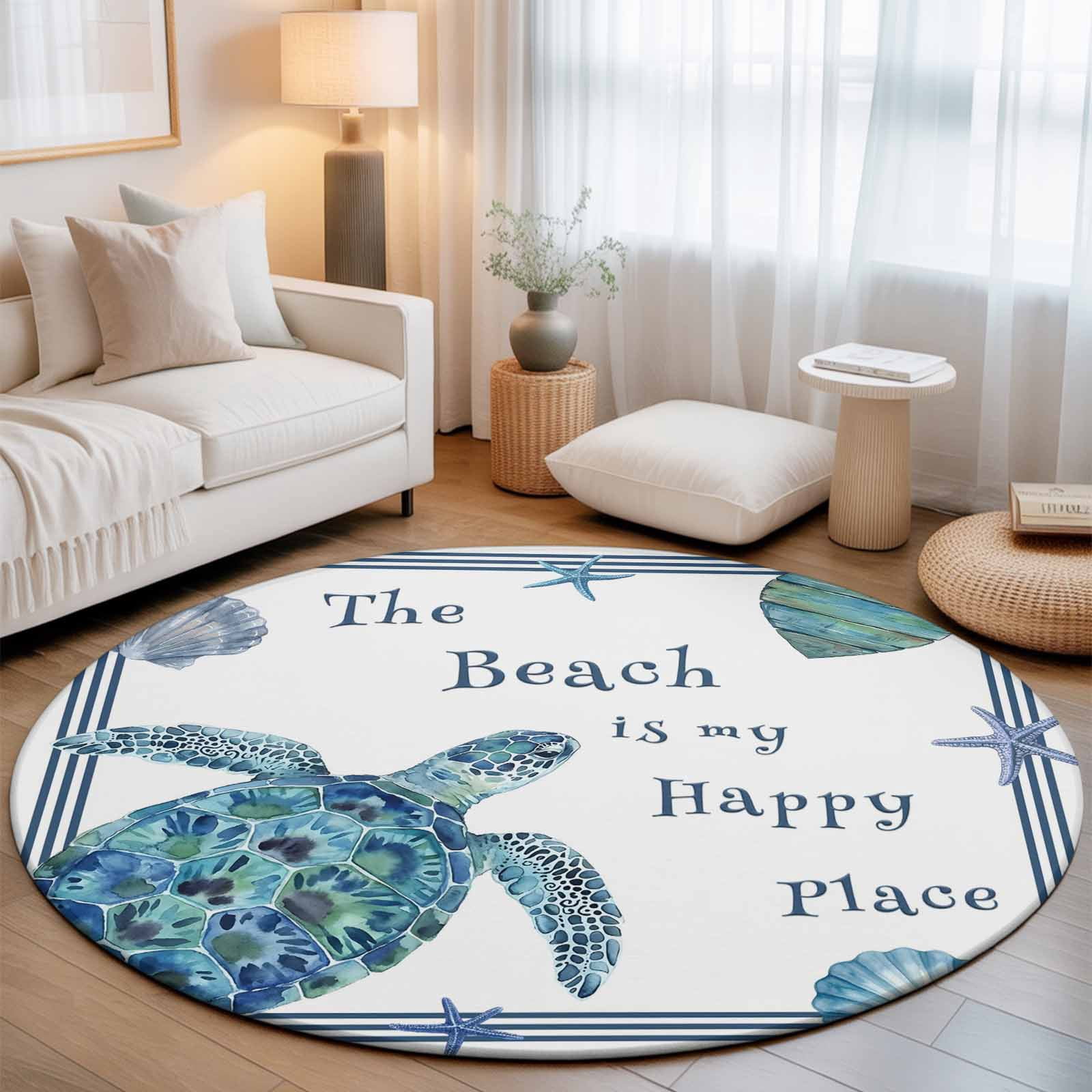 Blue Sea Turtle Washable Round Area Rug 3 ft, Watercolor Beach Happy ...