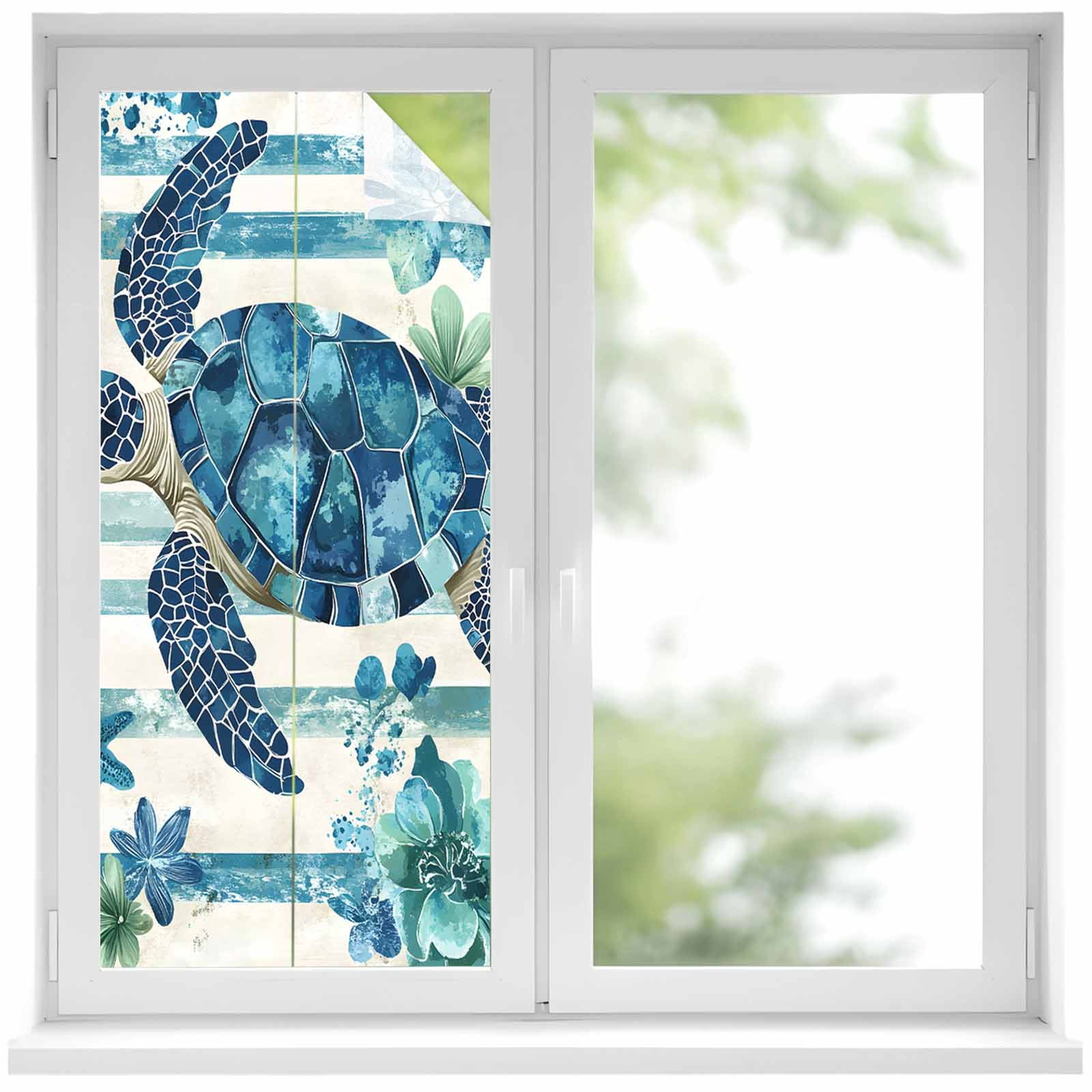 Blue Sea Turtle Window Privacy Film Blue Floral Starfish Retro Striped ...