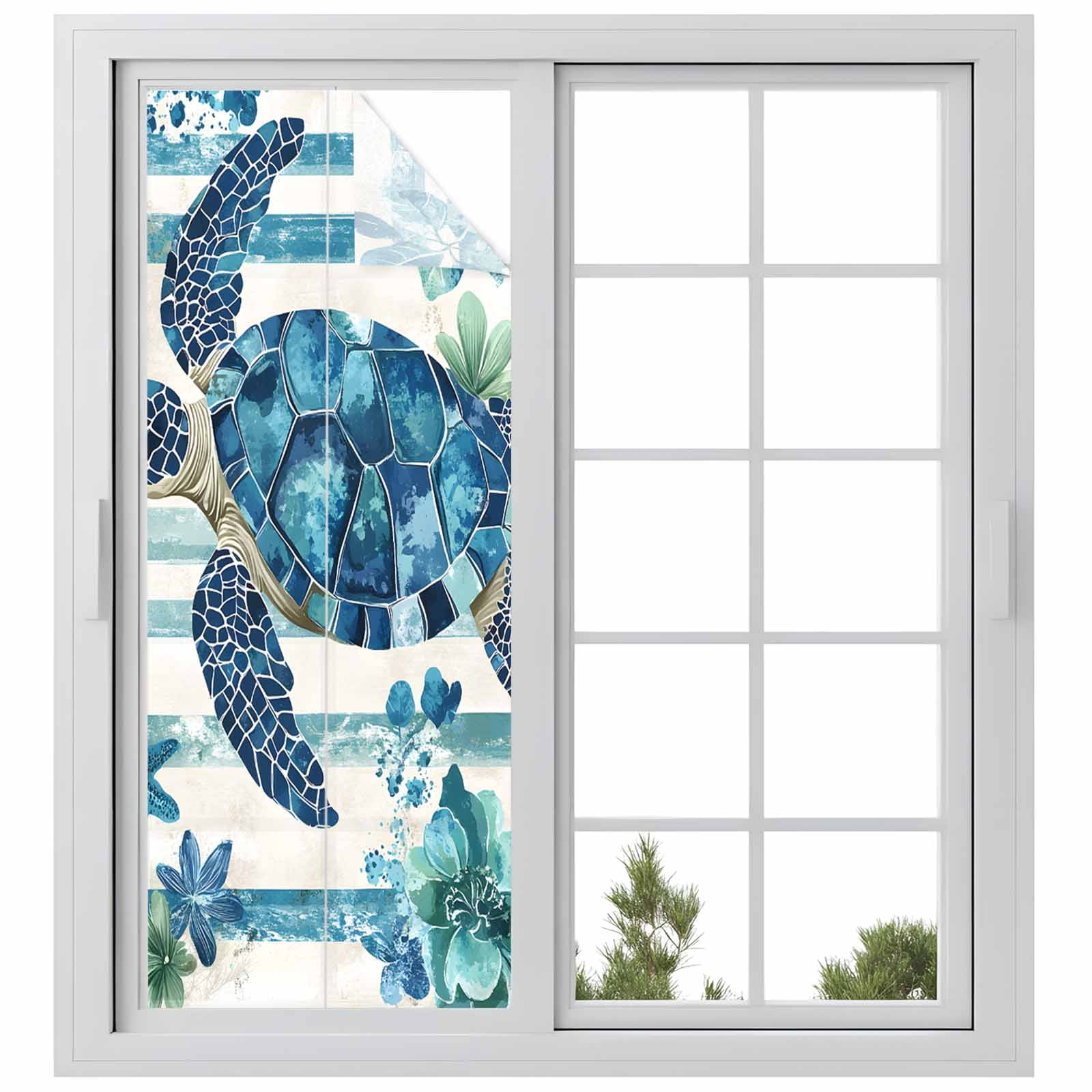 Blue Sea Turtle Window Privacy Film Blue Floral Starfish Retro Striped ...
