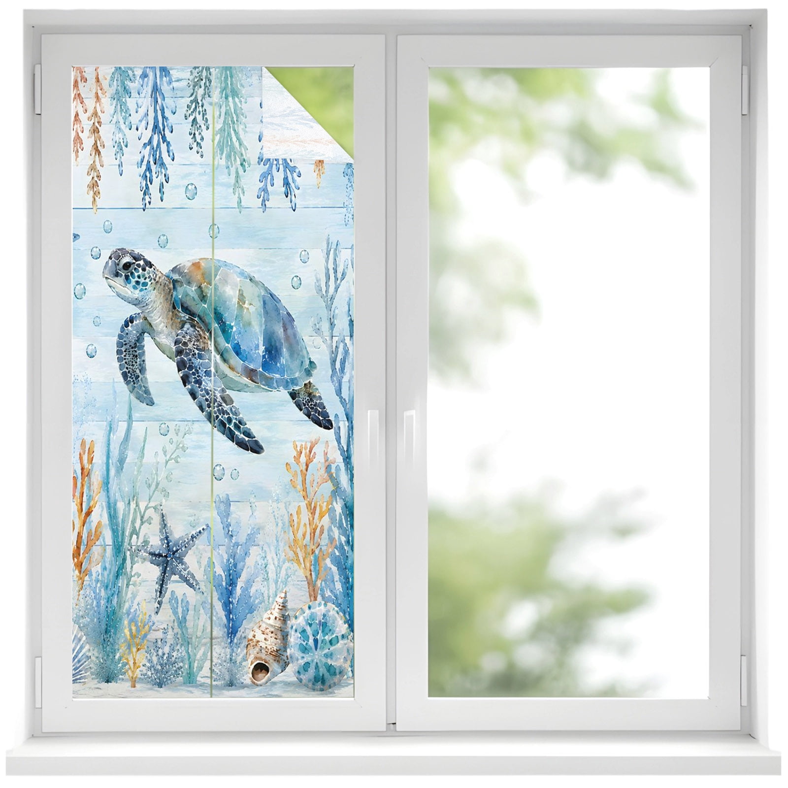 Blue Sea Turtle Window Privacy Film, Nautical Coastal Starfish Shell ...
