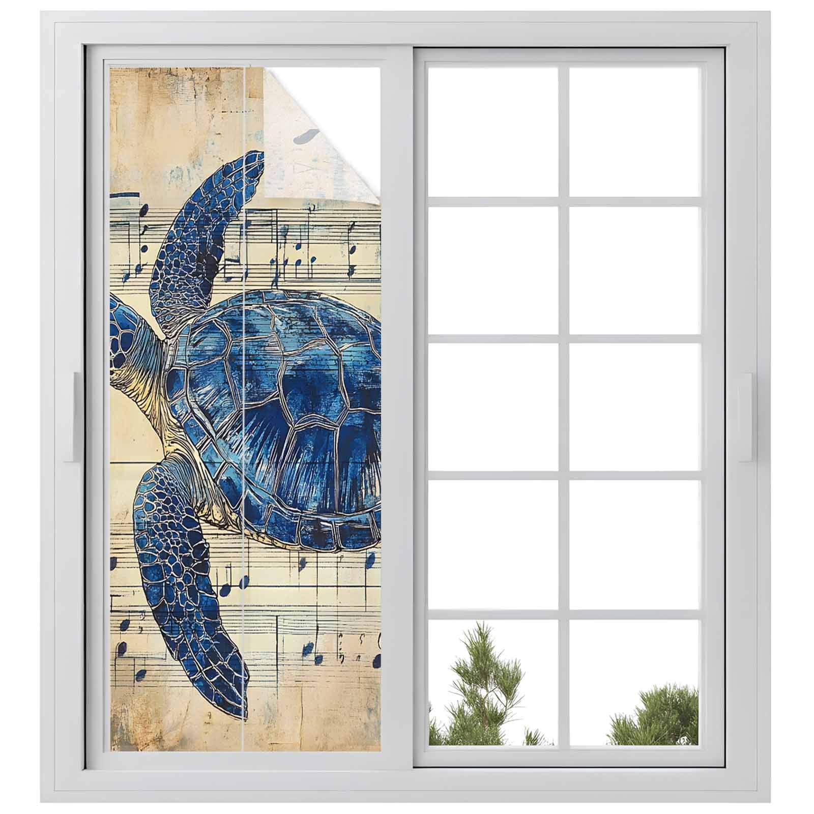 Blue Sea Turtle Window Privacy Film, Vintage Coastal Sheet Music Static ...