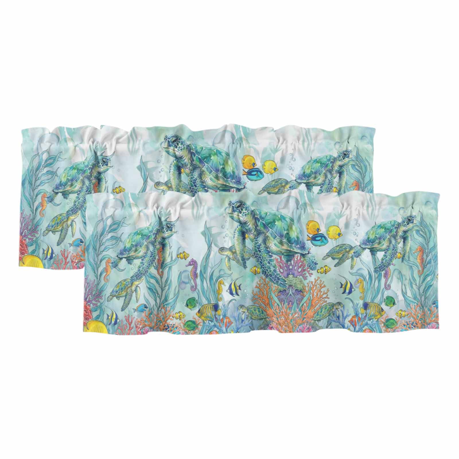 Blue Sea Turtles 2 Panels Kitchen Valance, Fish Color Coral Ocean Life ...