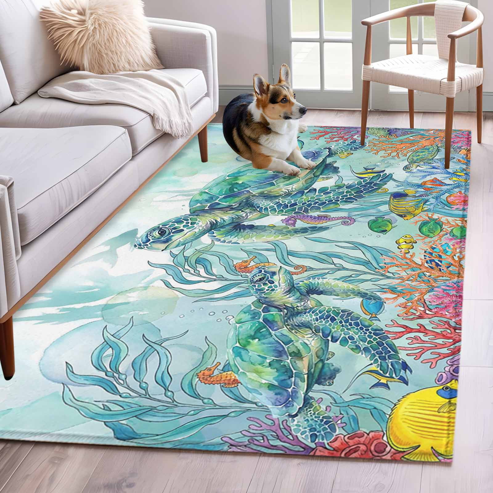 Blue Sea Turtles Area Rugs 3x5 ft Fish Color Coral Ocean Life ...