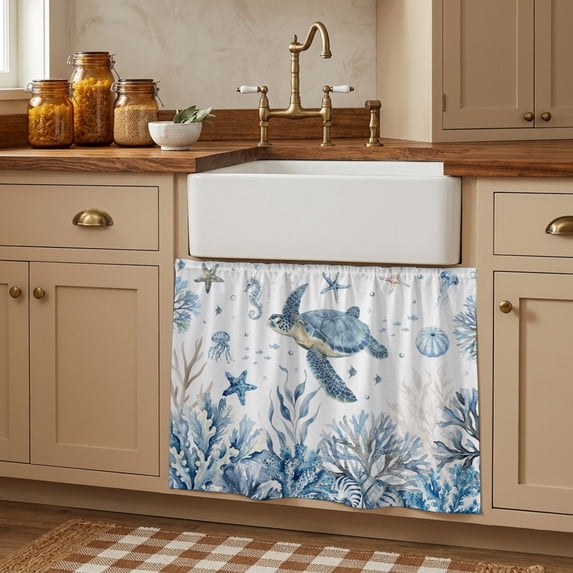Blue Sea Turtles Cabinet Curtains 28"W x 35L, Coastal Ocean Sea ...
