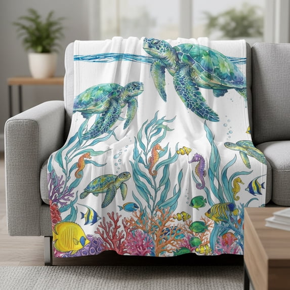Blue Sea Turtles Fleece Throw Blanket Fishes Color Coral Ocean Life ...