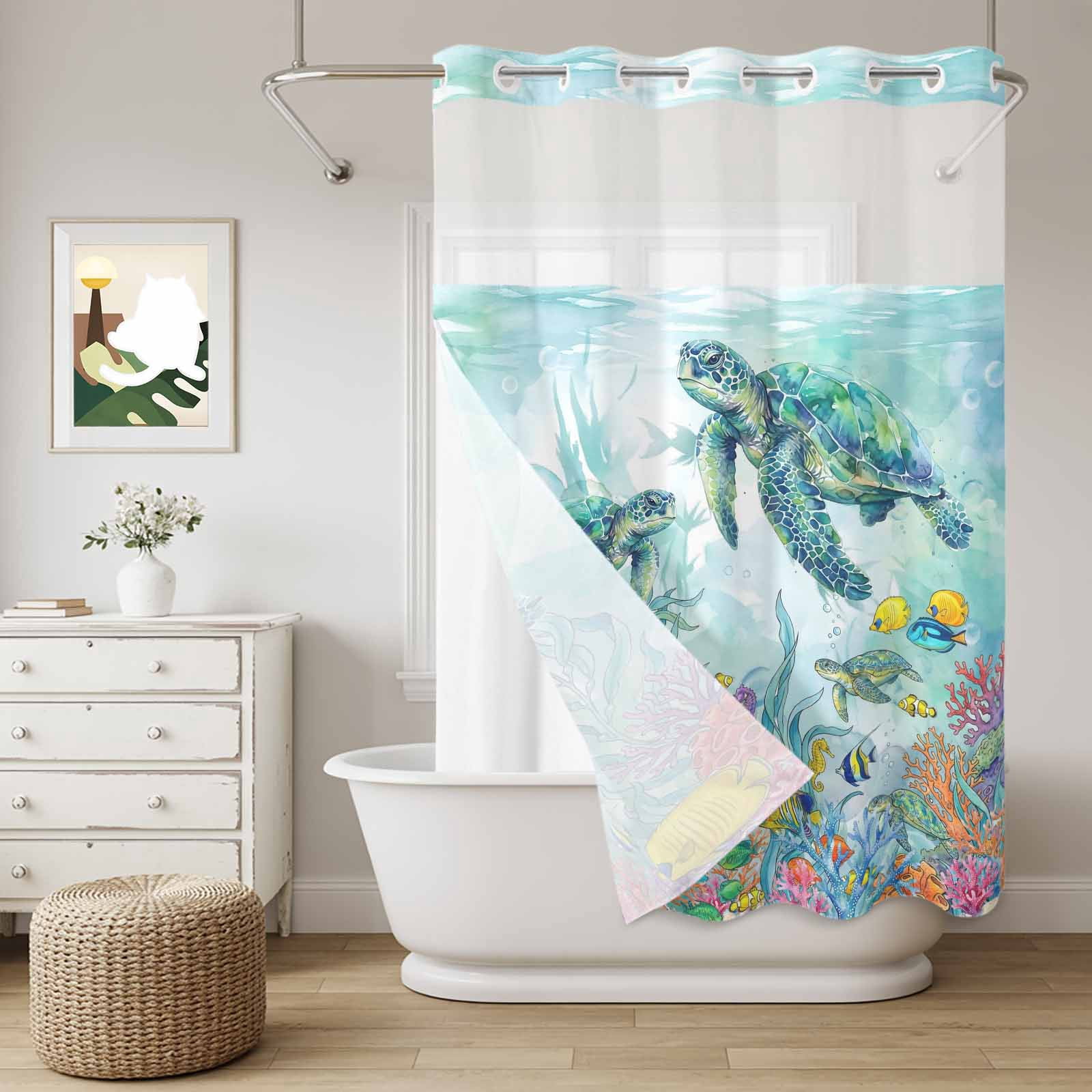 Blue Sea Turtles No Hook Shower Curtain with Snap in Liner, Fish Color ...