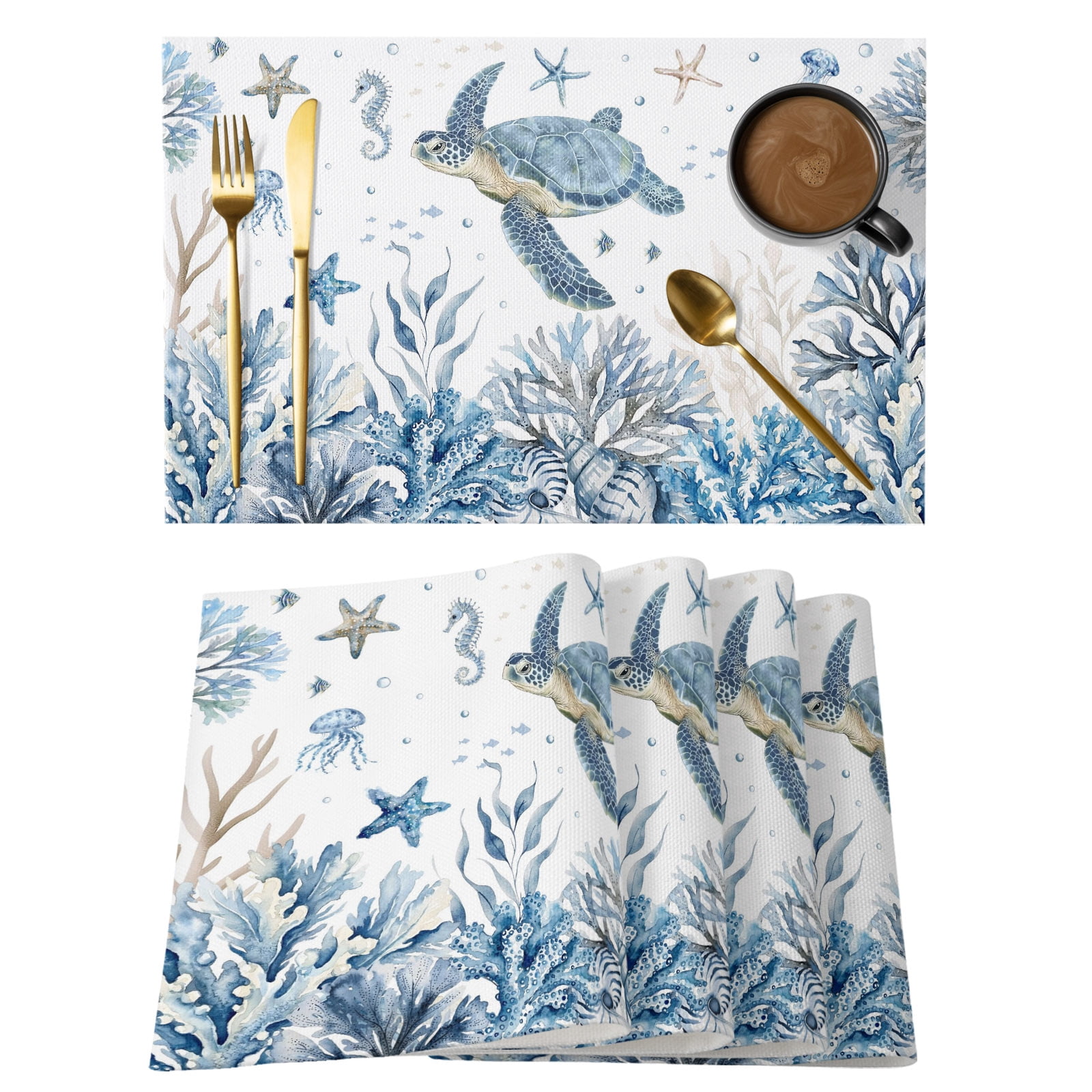 Blue Sea Turtles Placemats Set of 12 Coastal Ocean Sea Starfish Coral ...