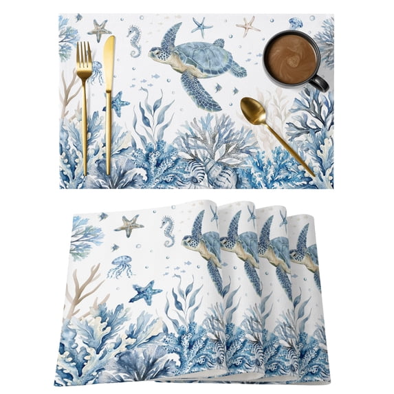 Blue Sea Turtles Placemats Set of 12 Coastal Ocean Sea Starfish Coral ...