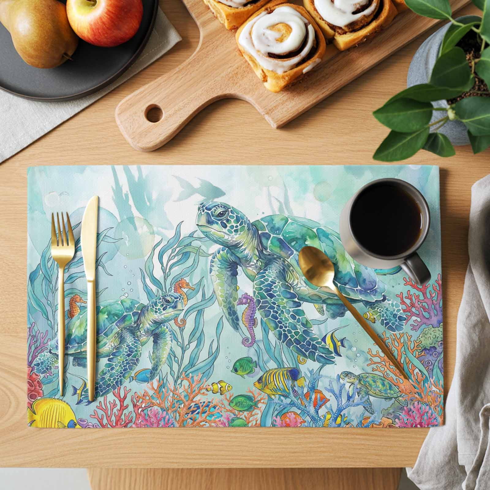 Blue Sea Turtles Placemats Set of 8, Fish Color Coral Ocean Life ...