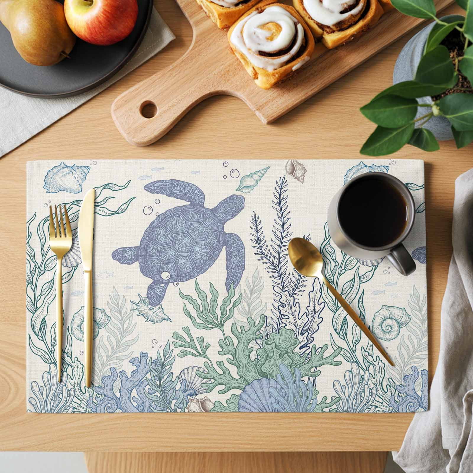Blue Sea Turtles Placemats Set of 8, Shell Coral Vintage Ocean Life ...