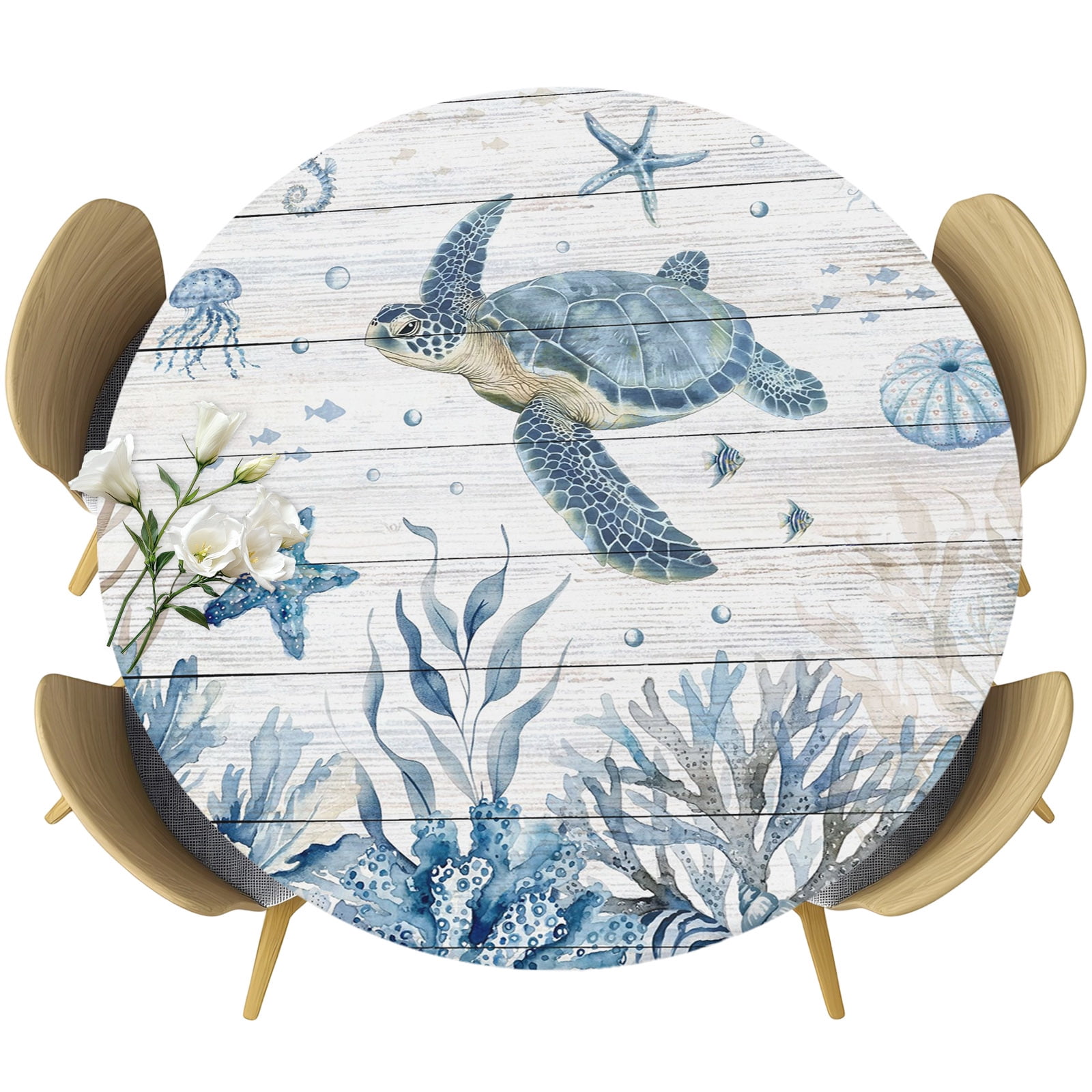 Blue Sea Turtles Round Tablecloth 36-44 Inch Round Fitted Table Cloth ...