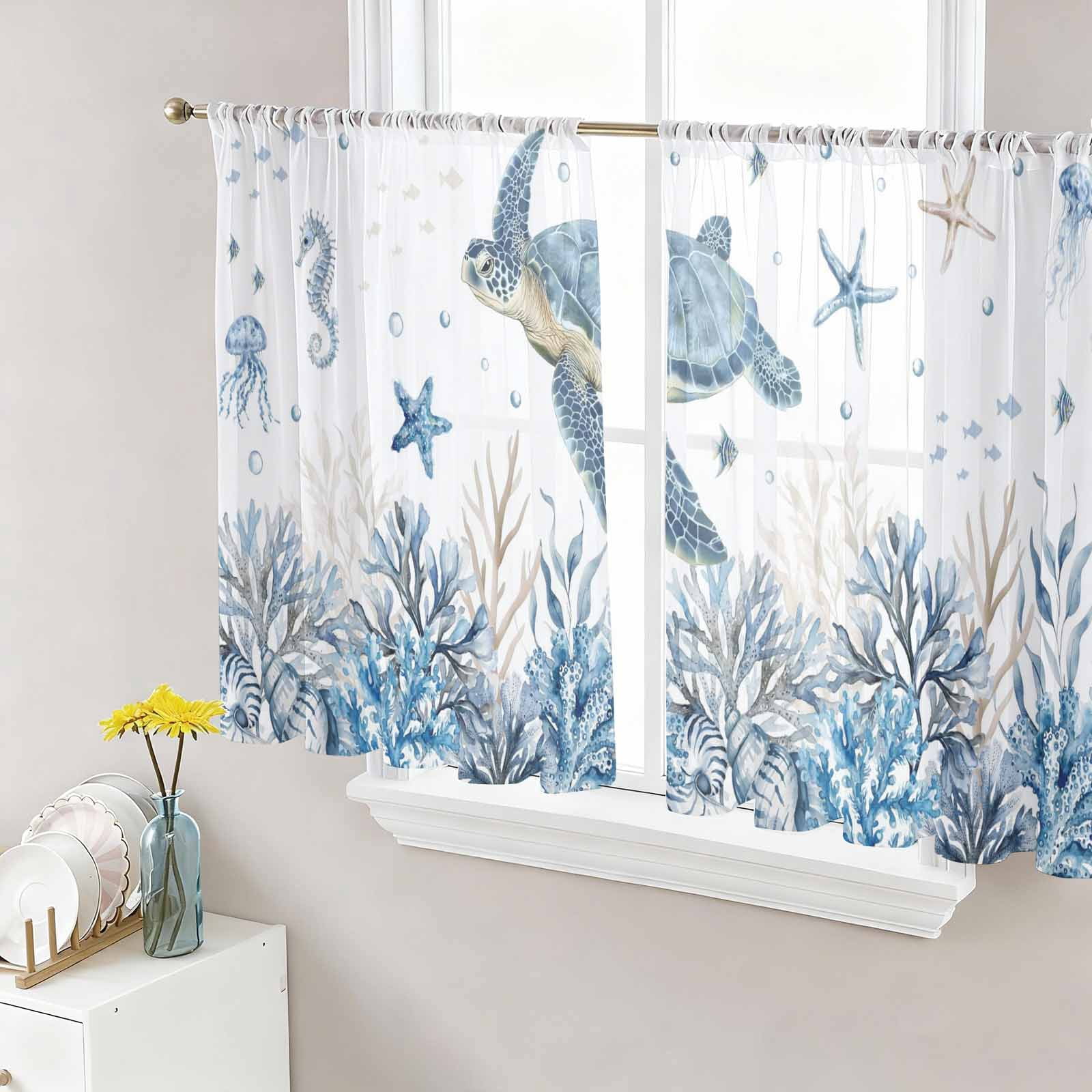 Blue Sea Turtles Semi Sheer Curtains 45 Inch Length 2 Panels Set ...