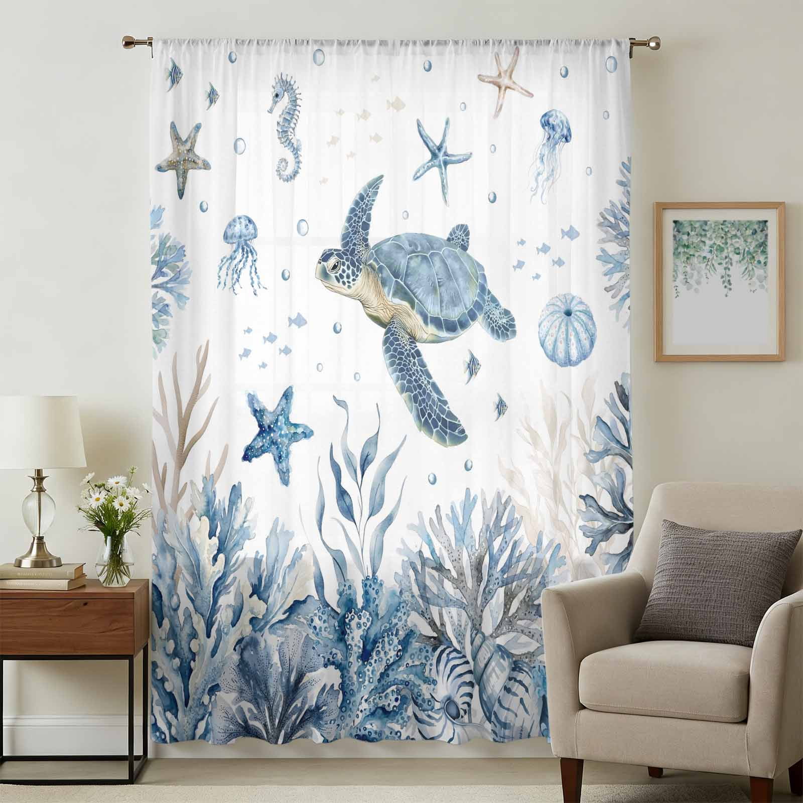 Blue Sea Turtles Sheer Curtains 84 Inches Long, Coastal Ocean Sea ...