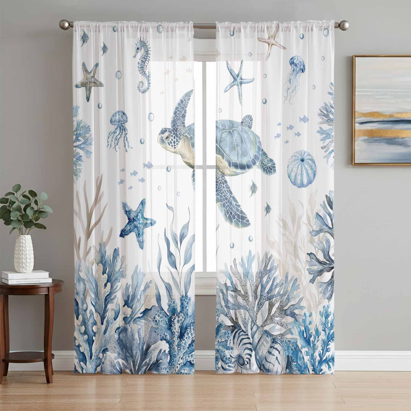 Blue Sea Turtles Sheer Curtains for Living Room Bedroom Coastal Ocean ...