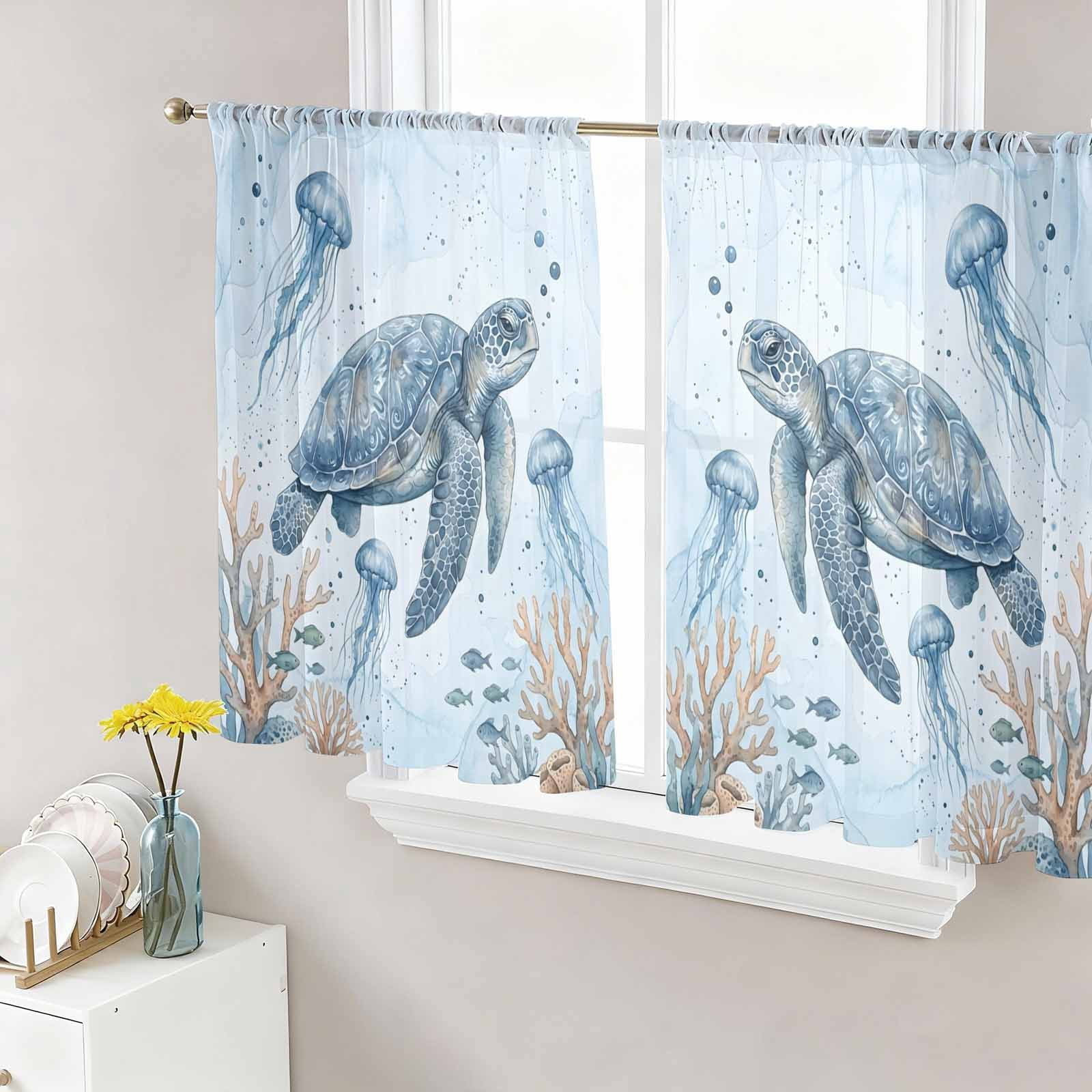 Blue Sea Turtles Sheer Curtains for Living Room Bedroom Summer Ocean ...