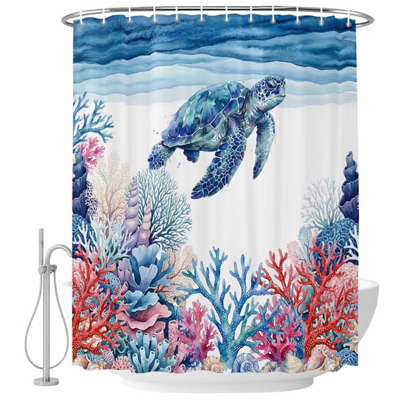 Blue Sea Turtles Shower Curtain for Bathroom, Red Coral Shell Ocean ...