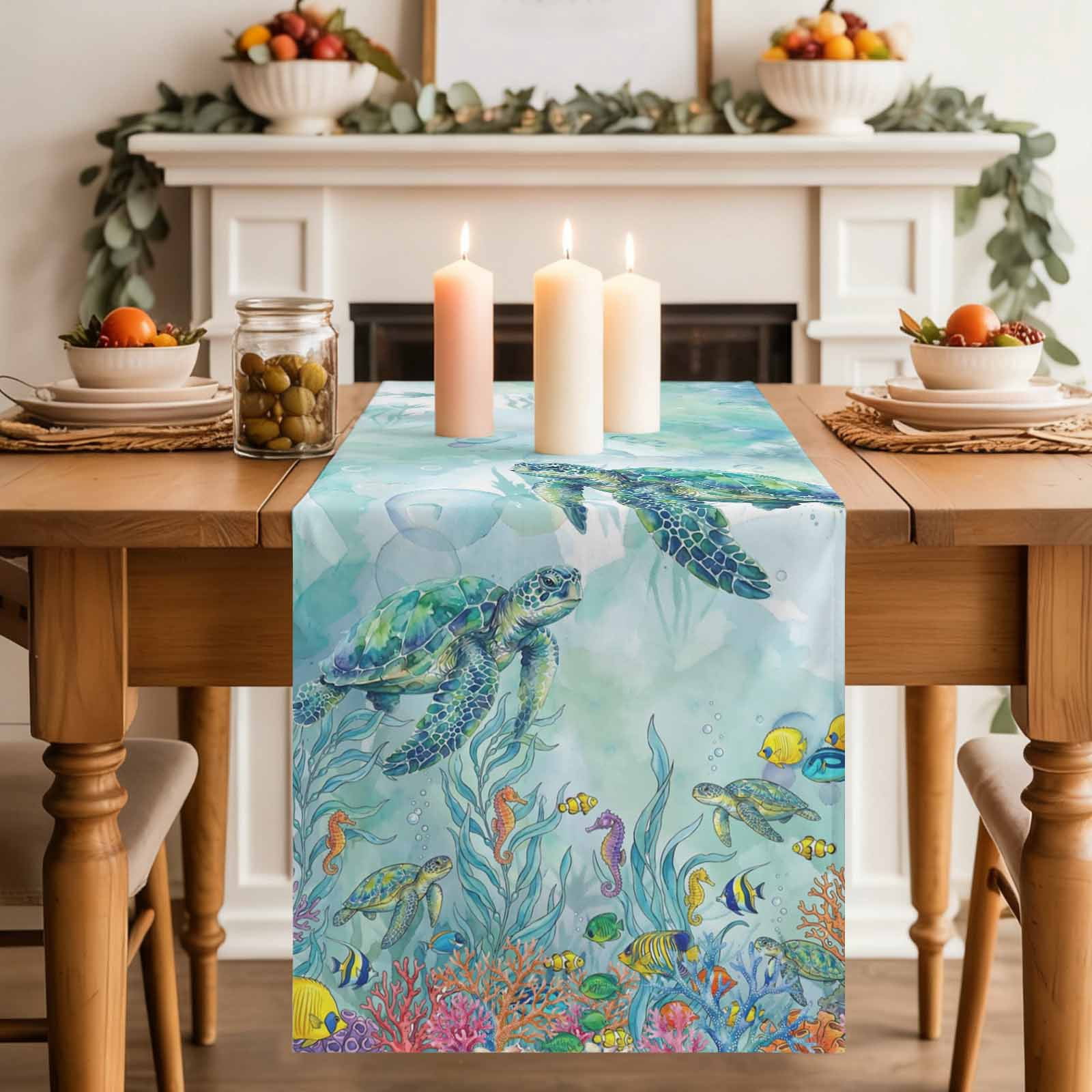 Blue Sea Turtles Table Runner, Fish Color Coral Ocean Life Watercolor ...