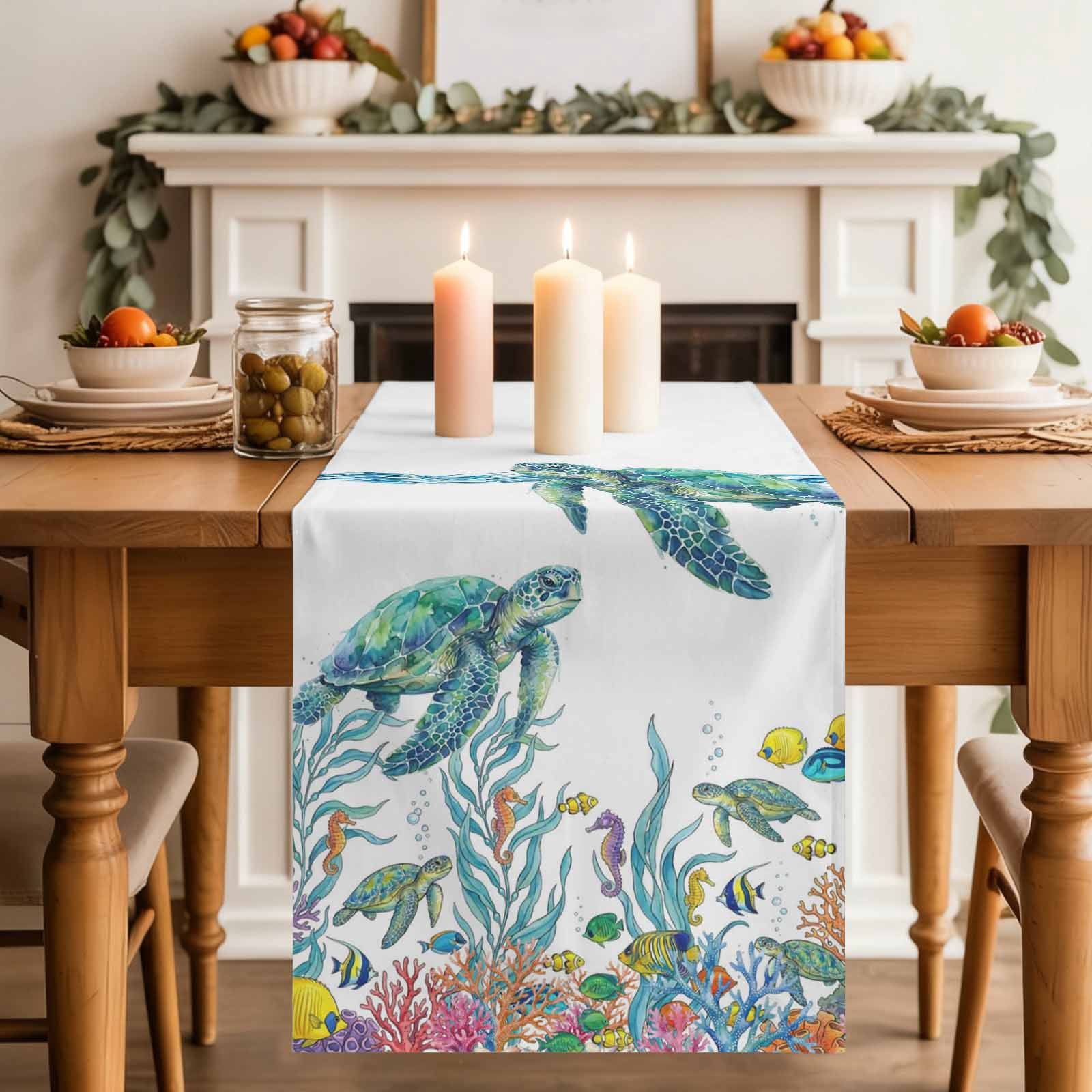 Blue Sea Turtles Table Runner, Fishes Color Coral Ocean Life Watercolor ...