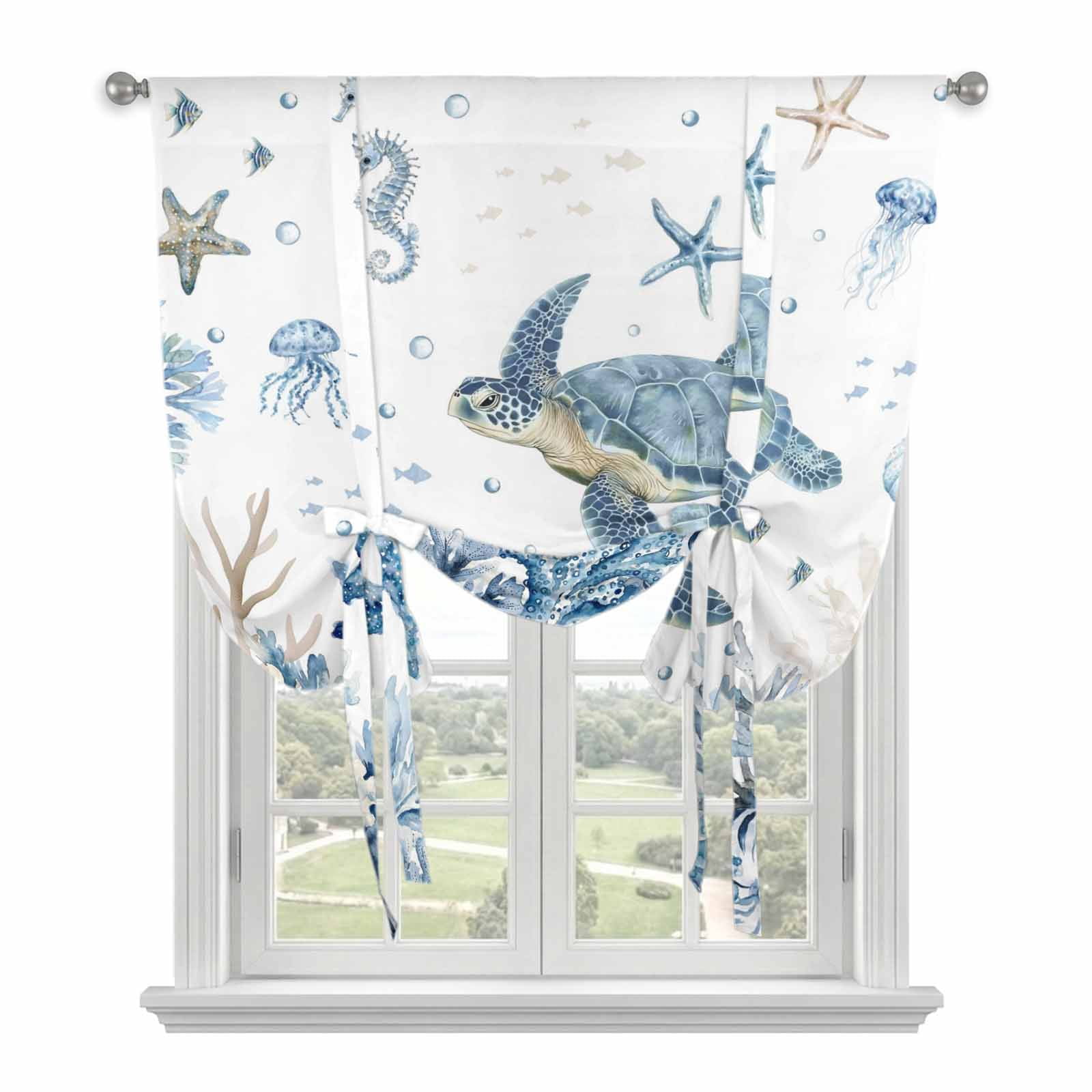 Blue Sea Turtles Tie Up Curtains for Window, Thermal Insulated Balloon ...