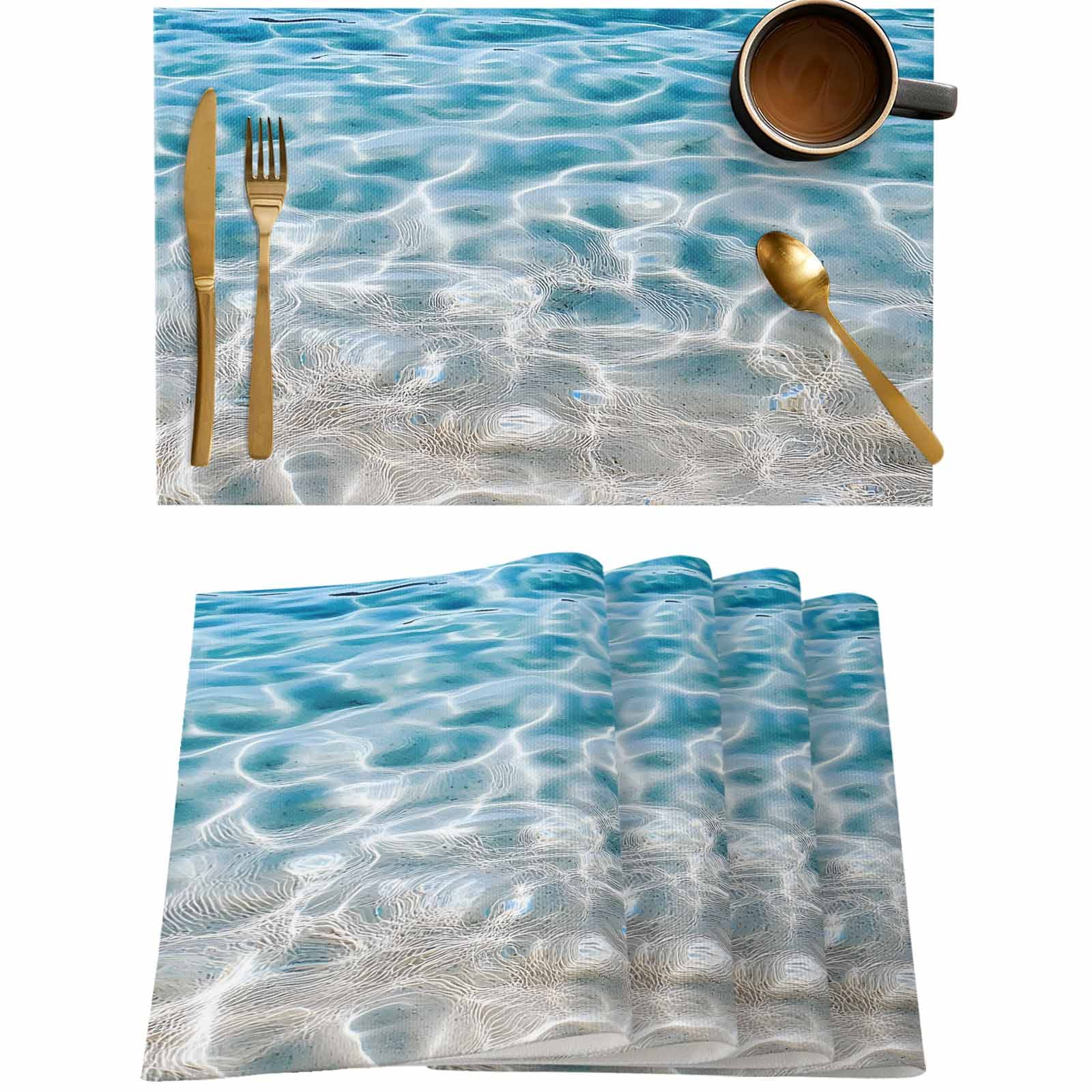 Blue Sea Water Ripple Placemats Set of 4,Wipeable Washable Table Mats ...